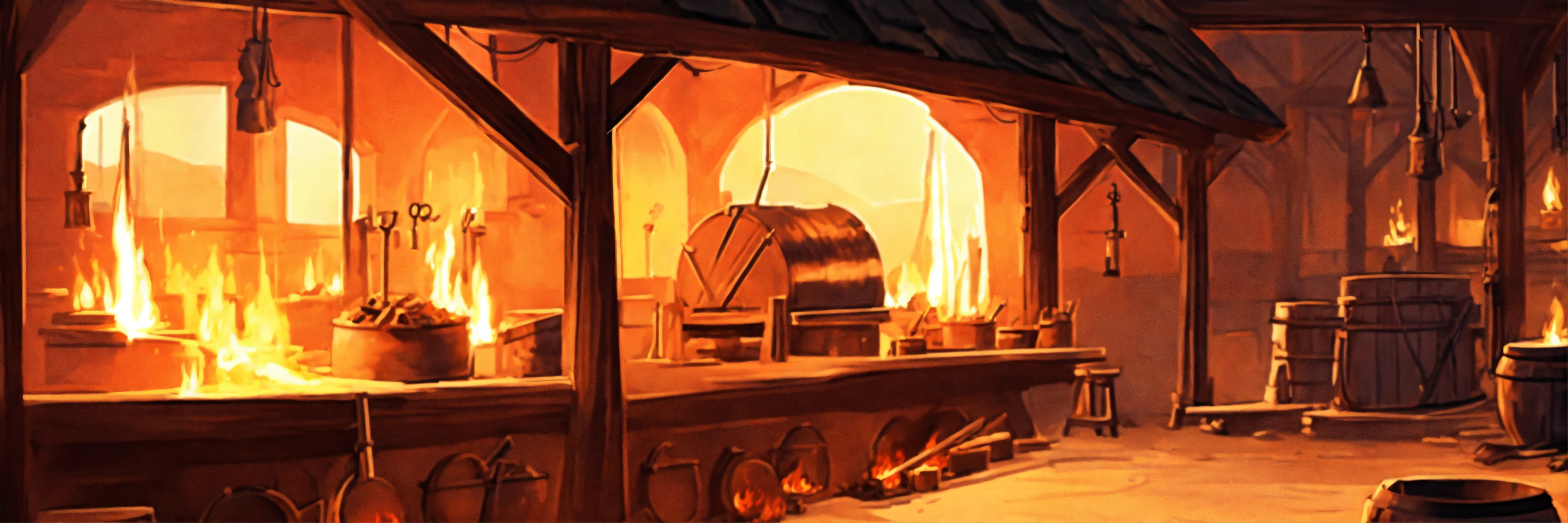 Lexica - Illustration of witches blacksmithing swords in a forge ...