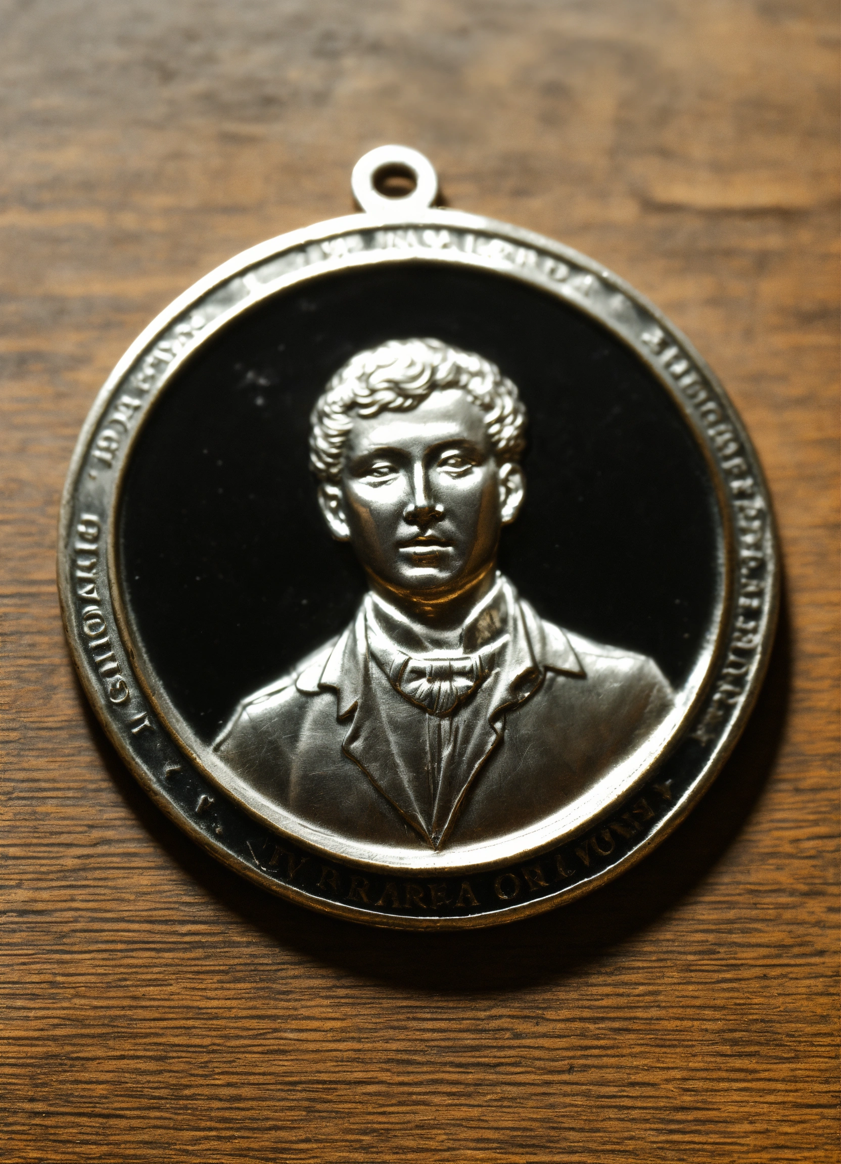 Lexica - A silver medallion with the image of person with upraised hand ...