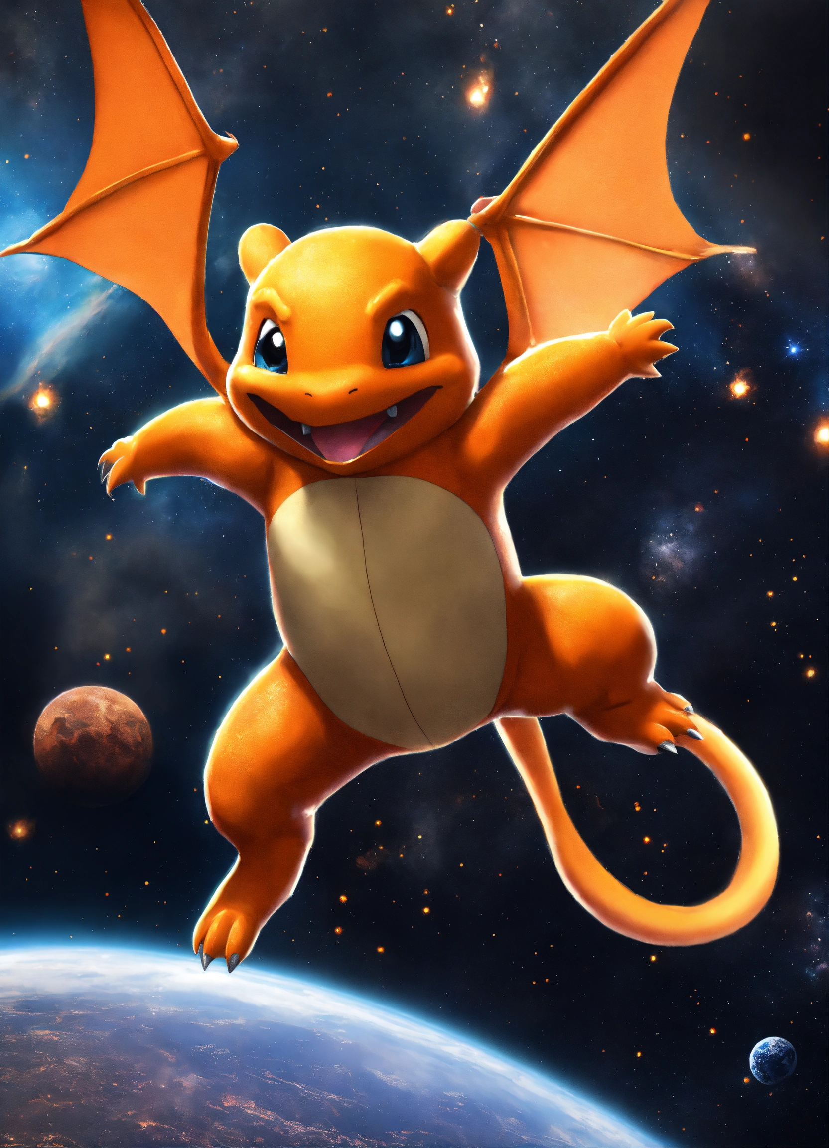 Lexica - A realistic Charmander flying Batman in space.