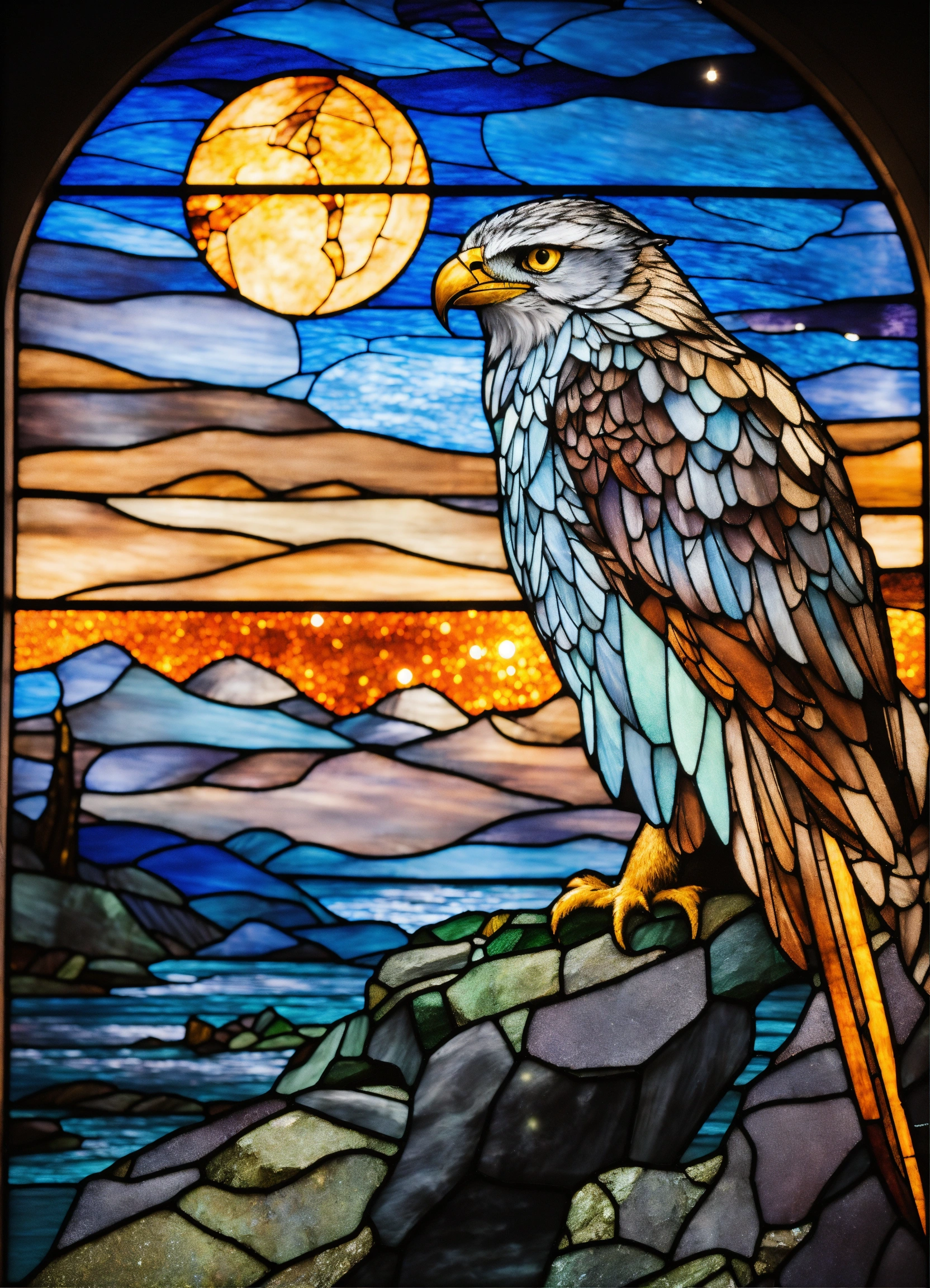 Lexica - Stained glass window of Merlin in the moonlight, sitting on a ...