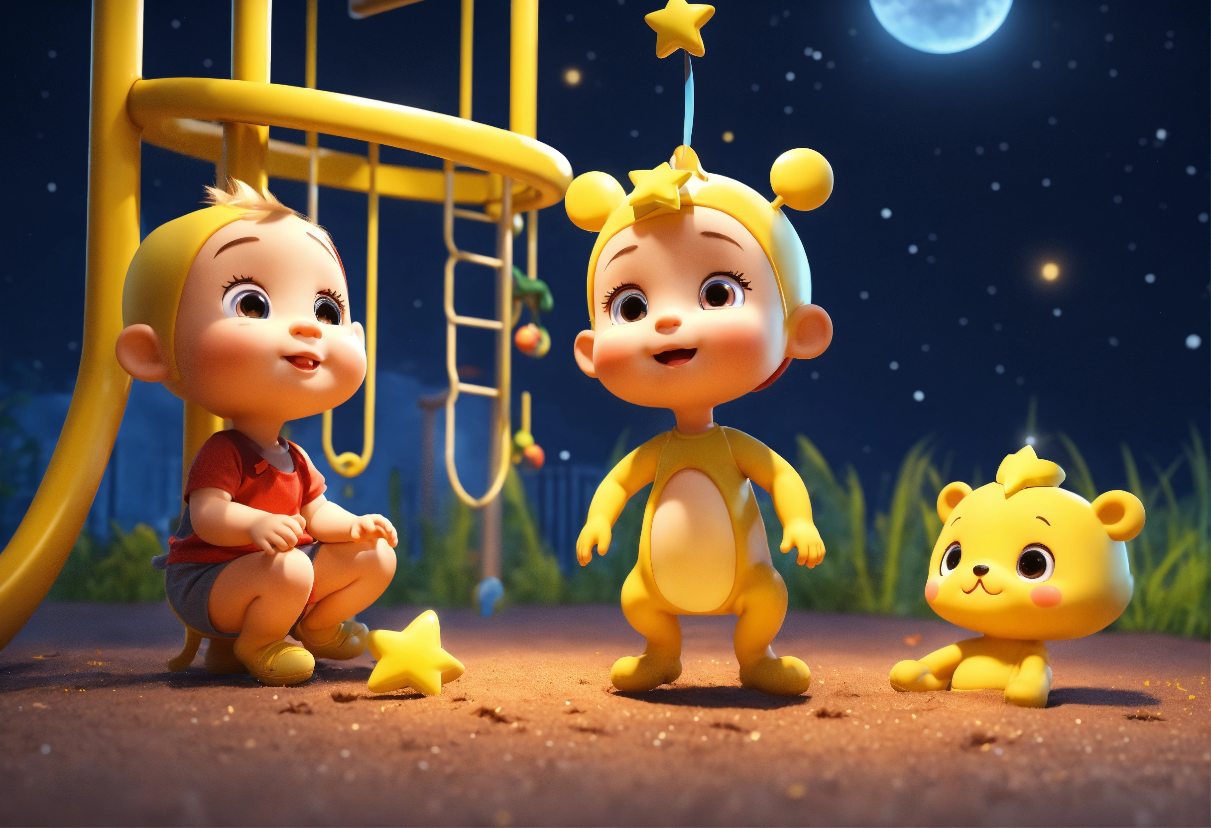 Lexica - On a bright night, Three sweet babies are playing in the playground.The little yellow ...
