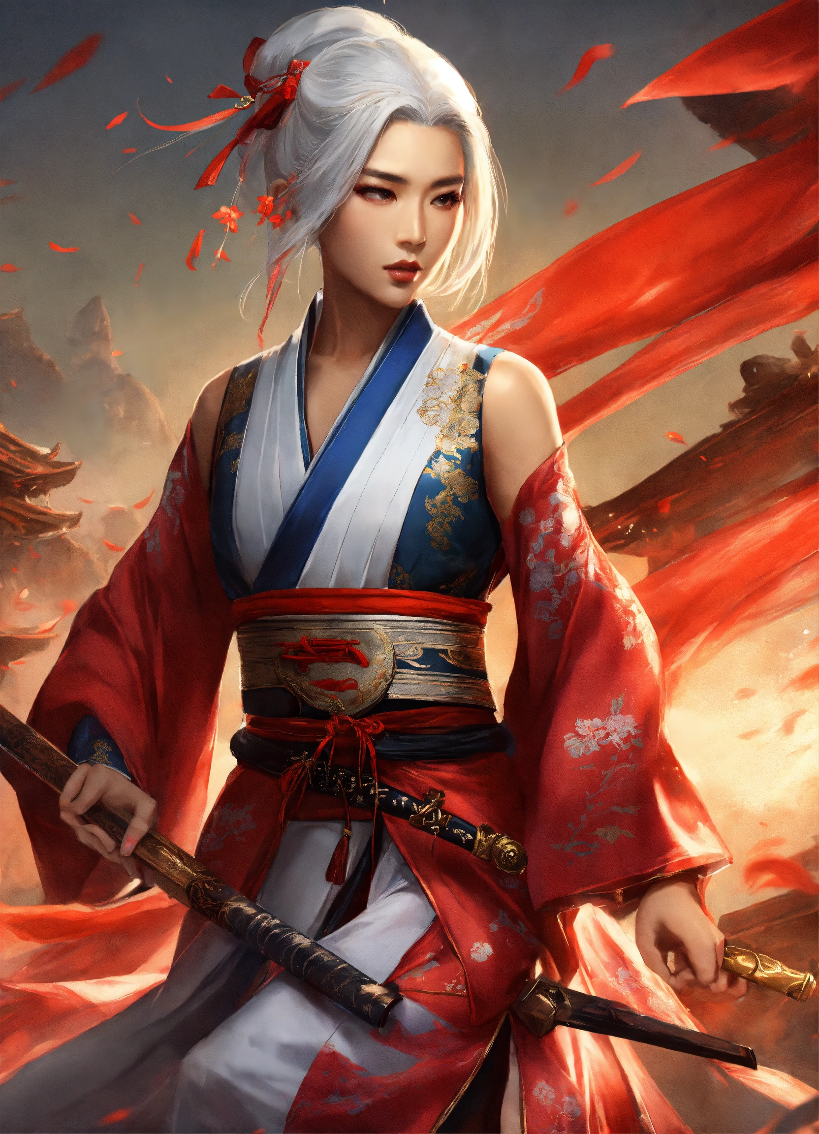 Lexica - Wuxia. Attractive courtesan with white hair, using a warfan to ...