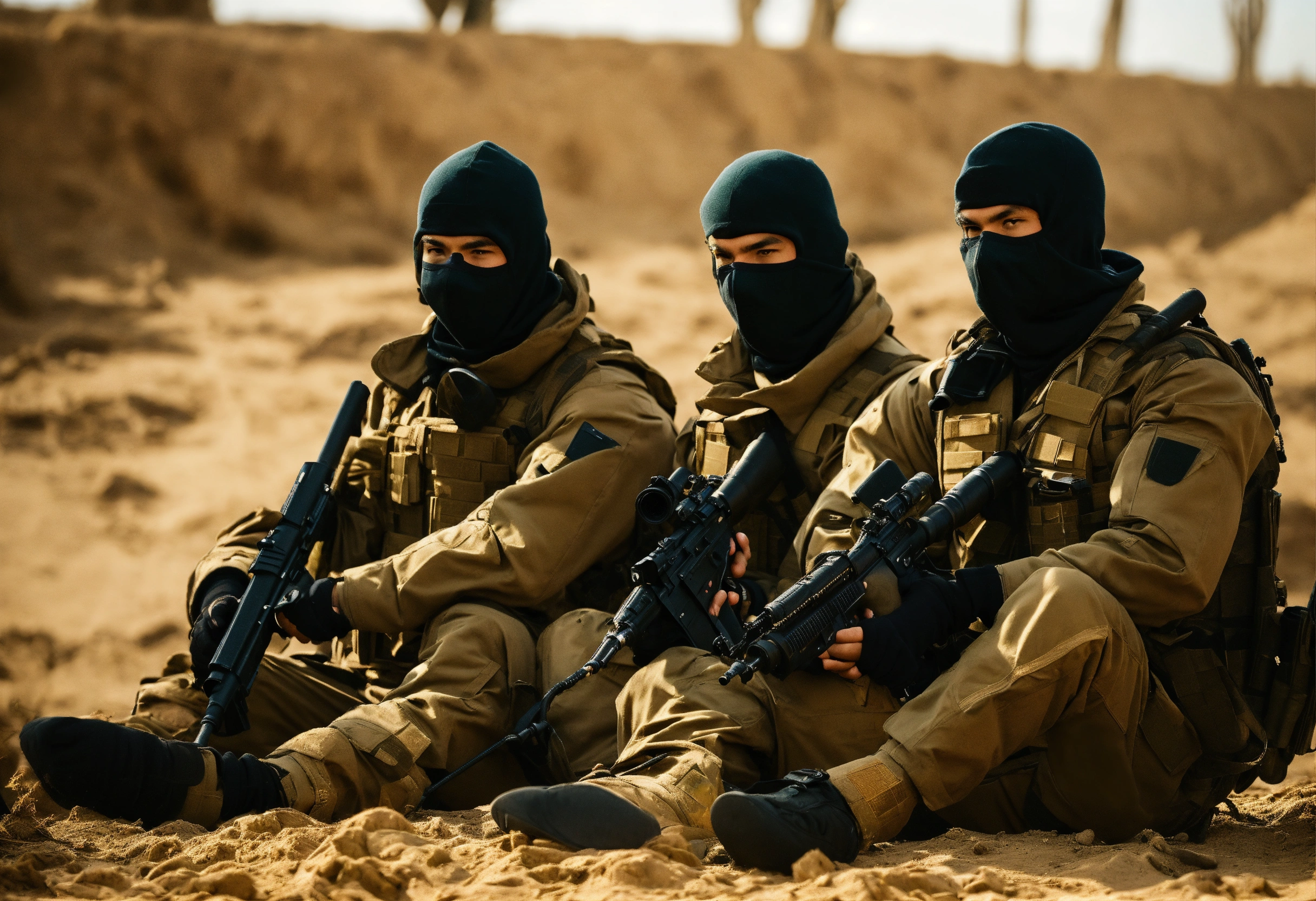Lexica - 3 comando guys, wearing masks, siting,