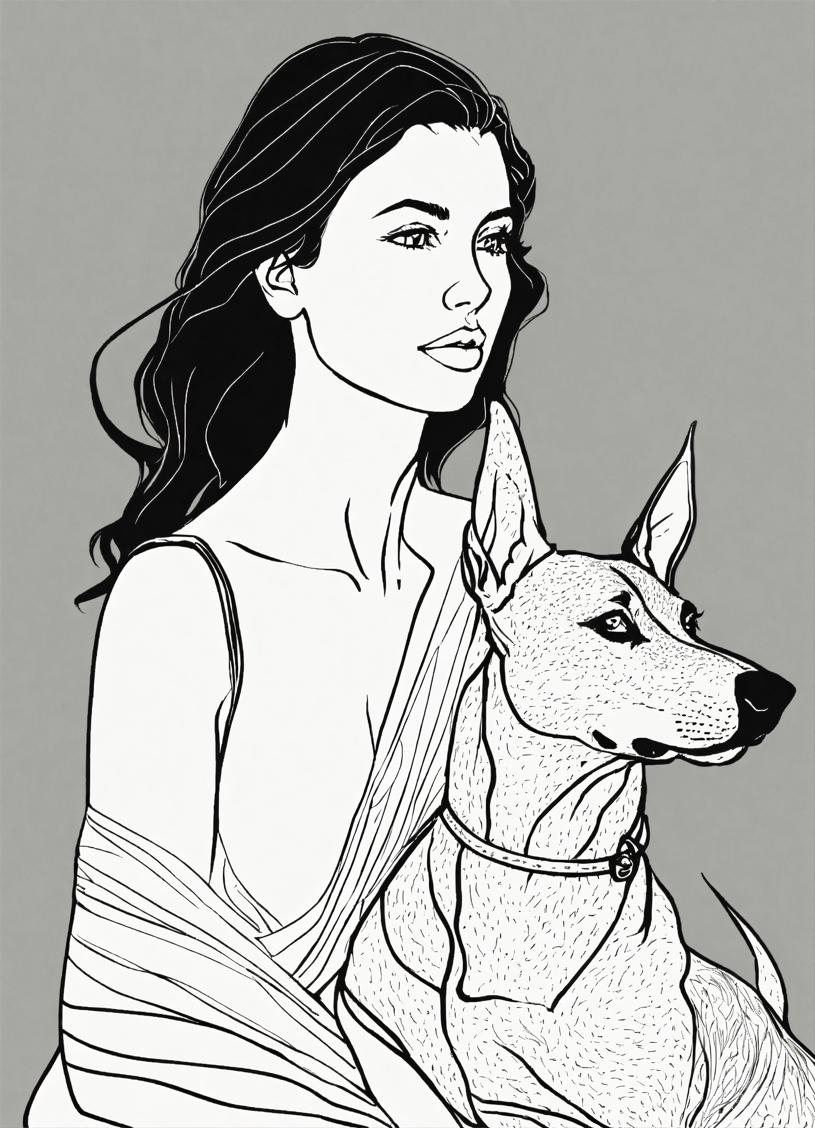 Lexica - Black and white bold line drawing, woman with Doberman, lines ...