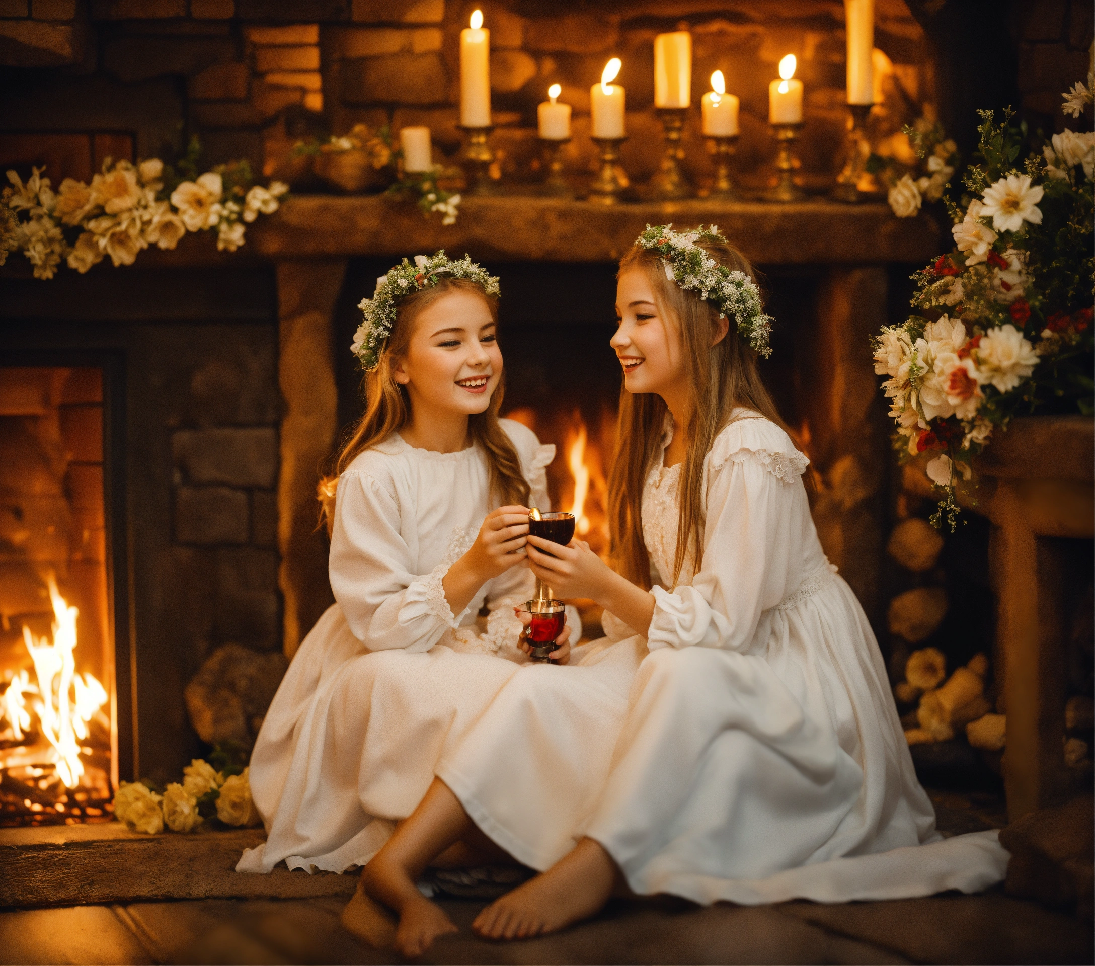 Lexica - Joyful girls in white dresses, in a homely environment ...