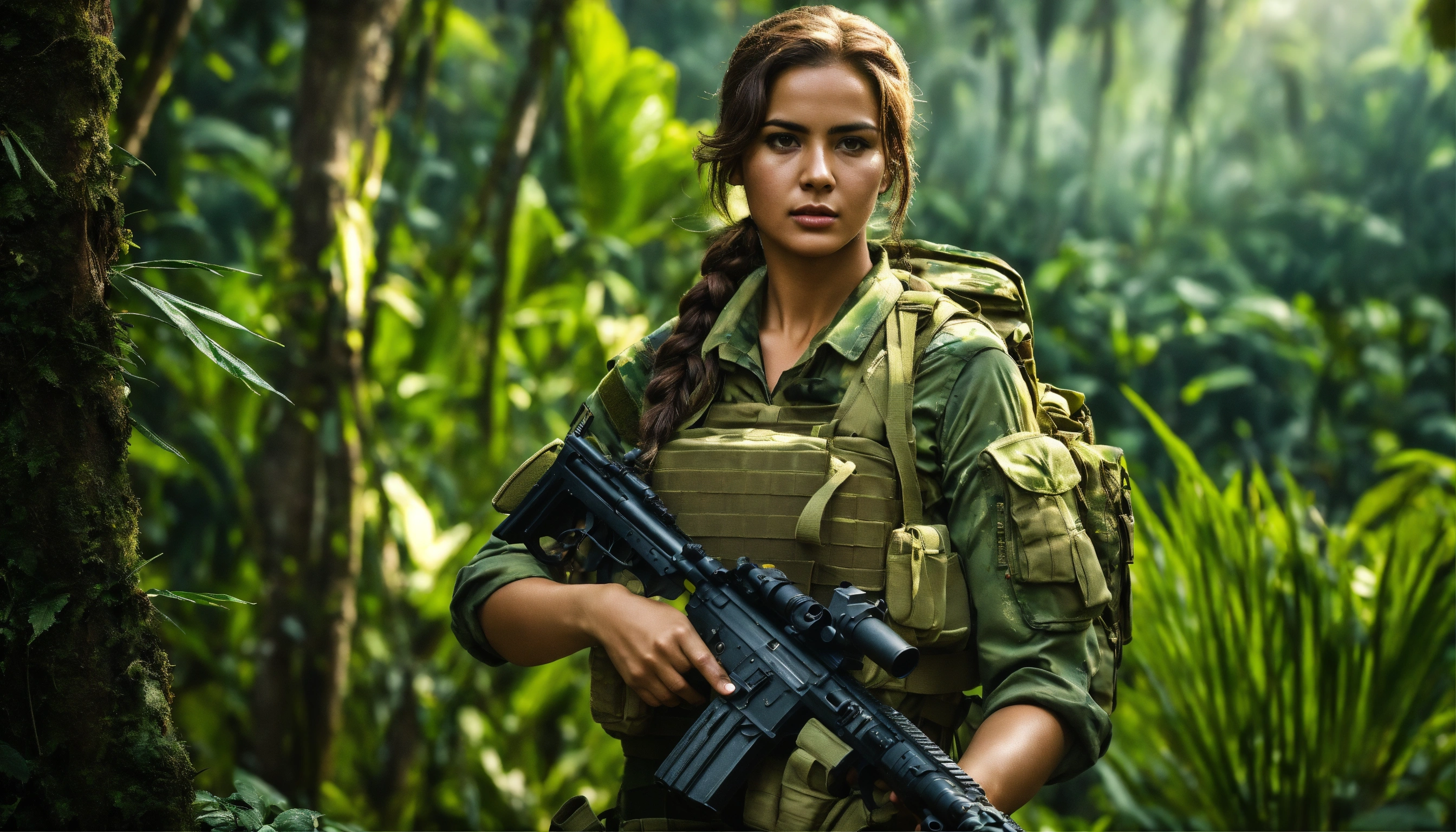 Lexica - Female commandos in jungle, perfect face, full camouflage, HDR ...