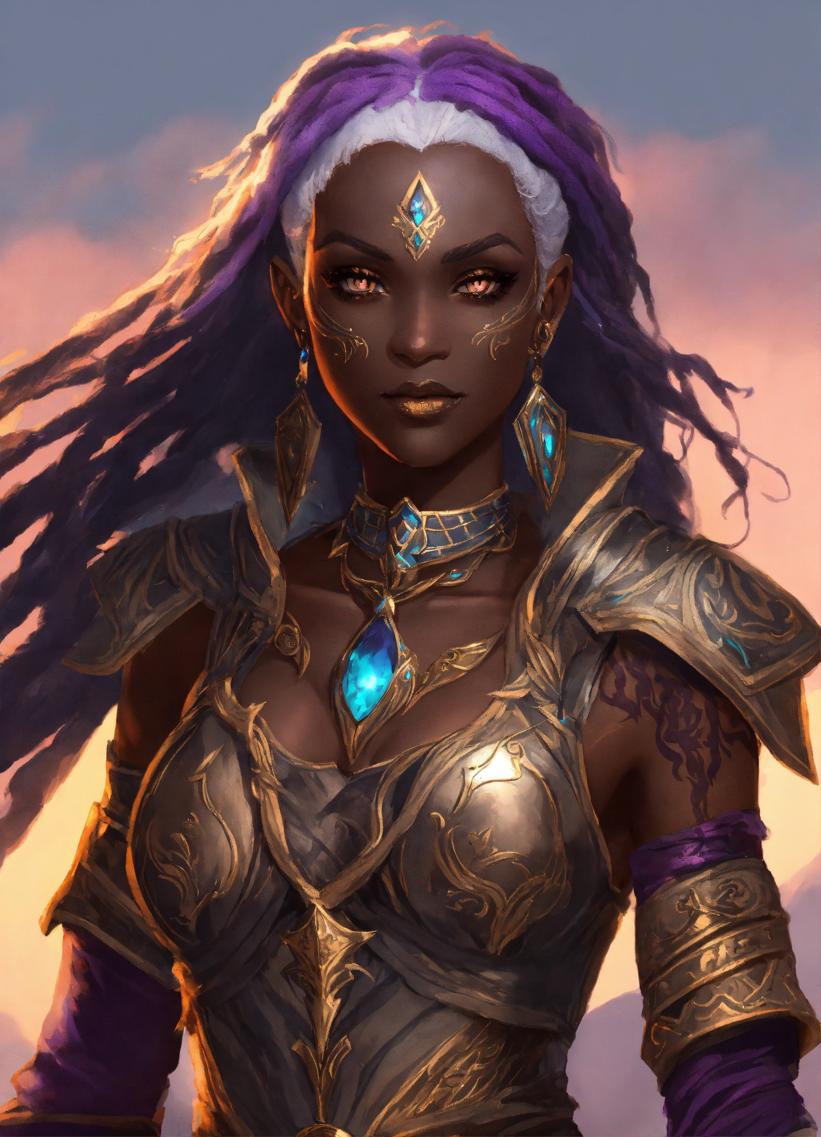 Lexica - A beautiful drow woman in sun themed armor. she has black dreadlocks and dark gray skin ...