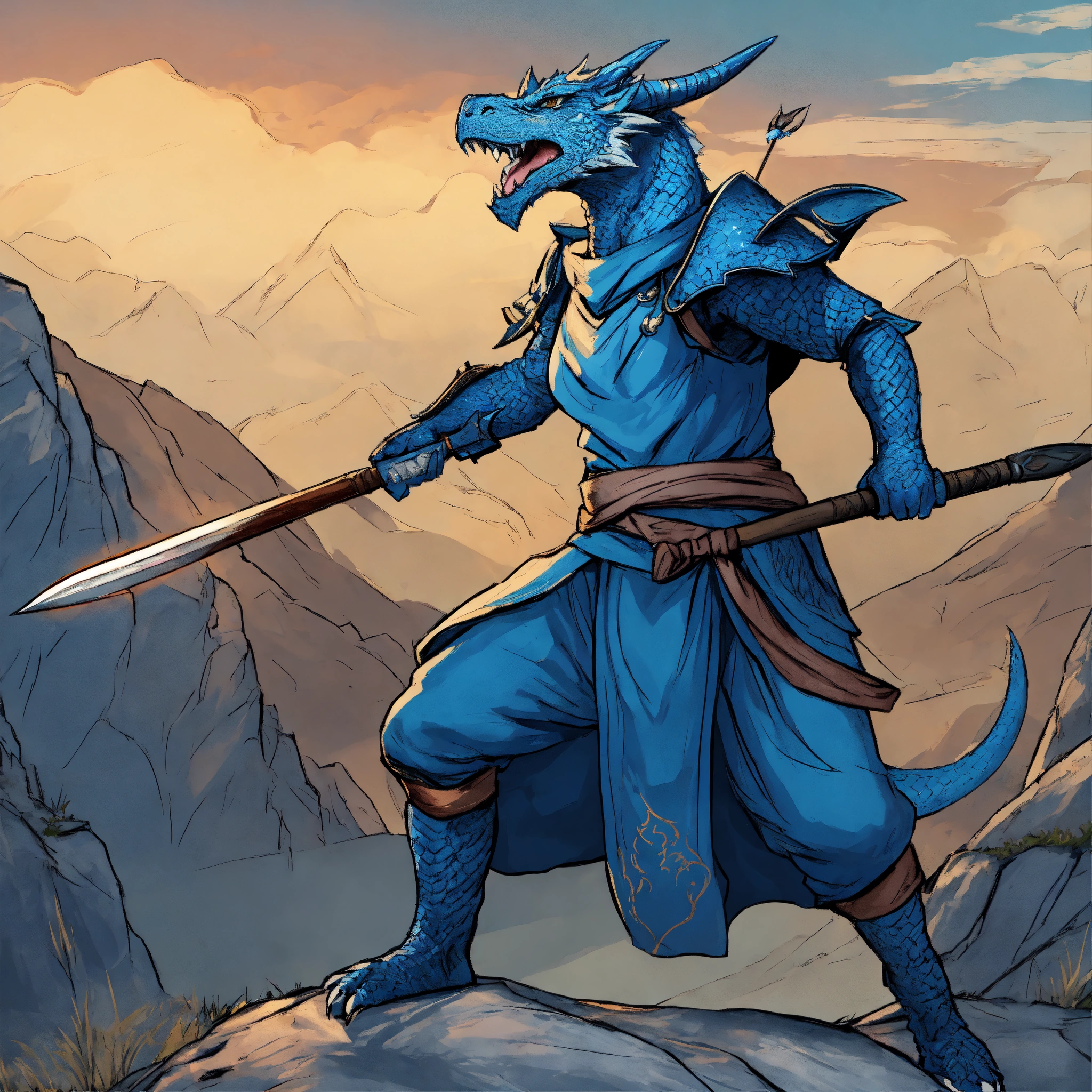 Lexica - Female Blue Dragonborn with a spear, wearing a monk robe ...