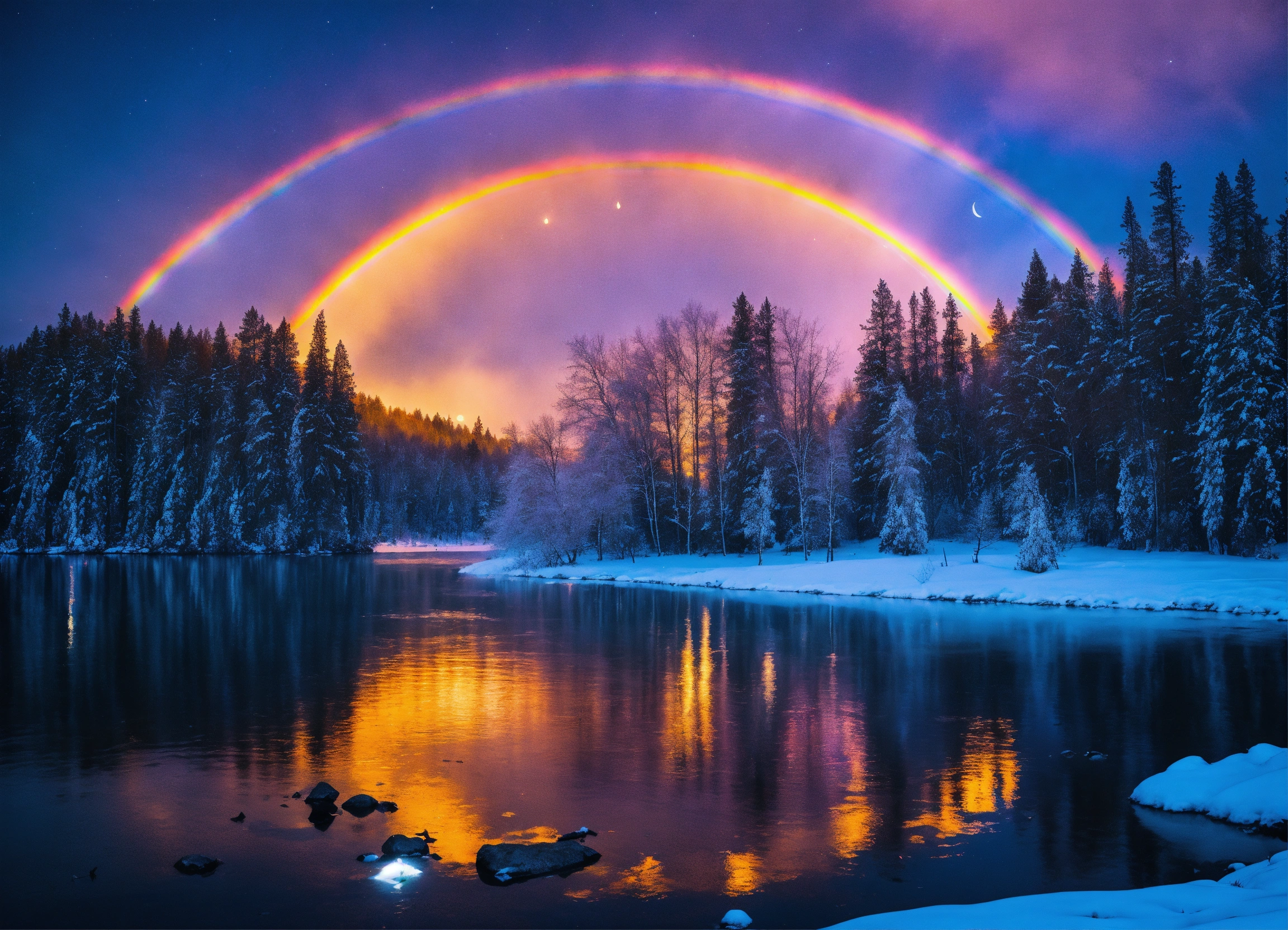 Lexica - Giant lake snow trees snow rainbow lights lights moon stars ...