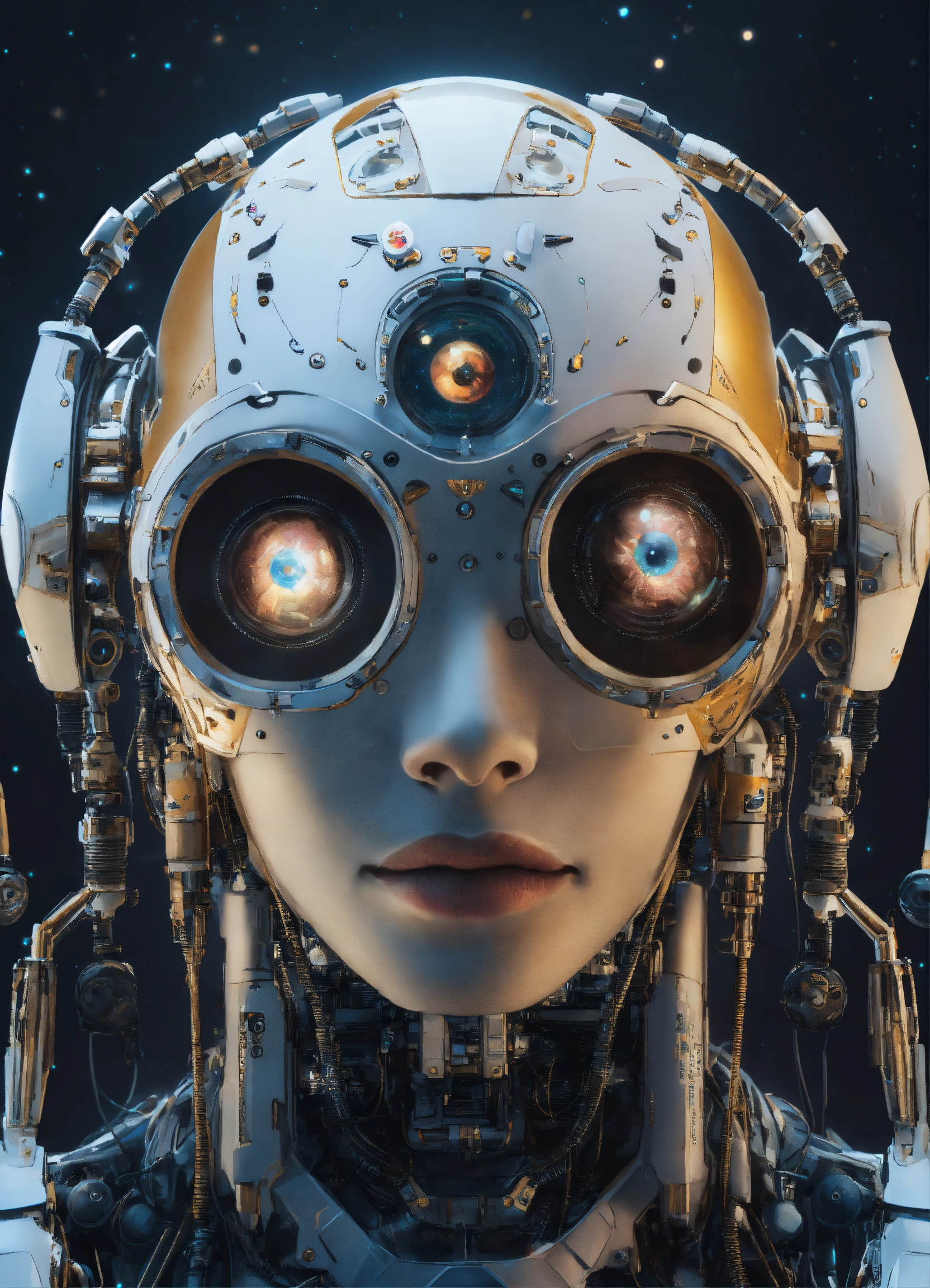 Lexica - Close up of an AI cyborg with moons as eyeballs, hyper realistic