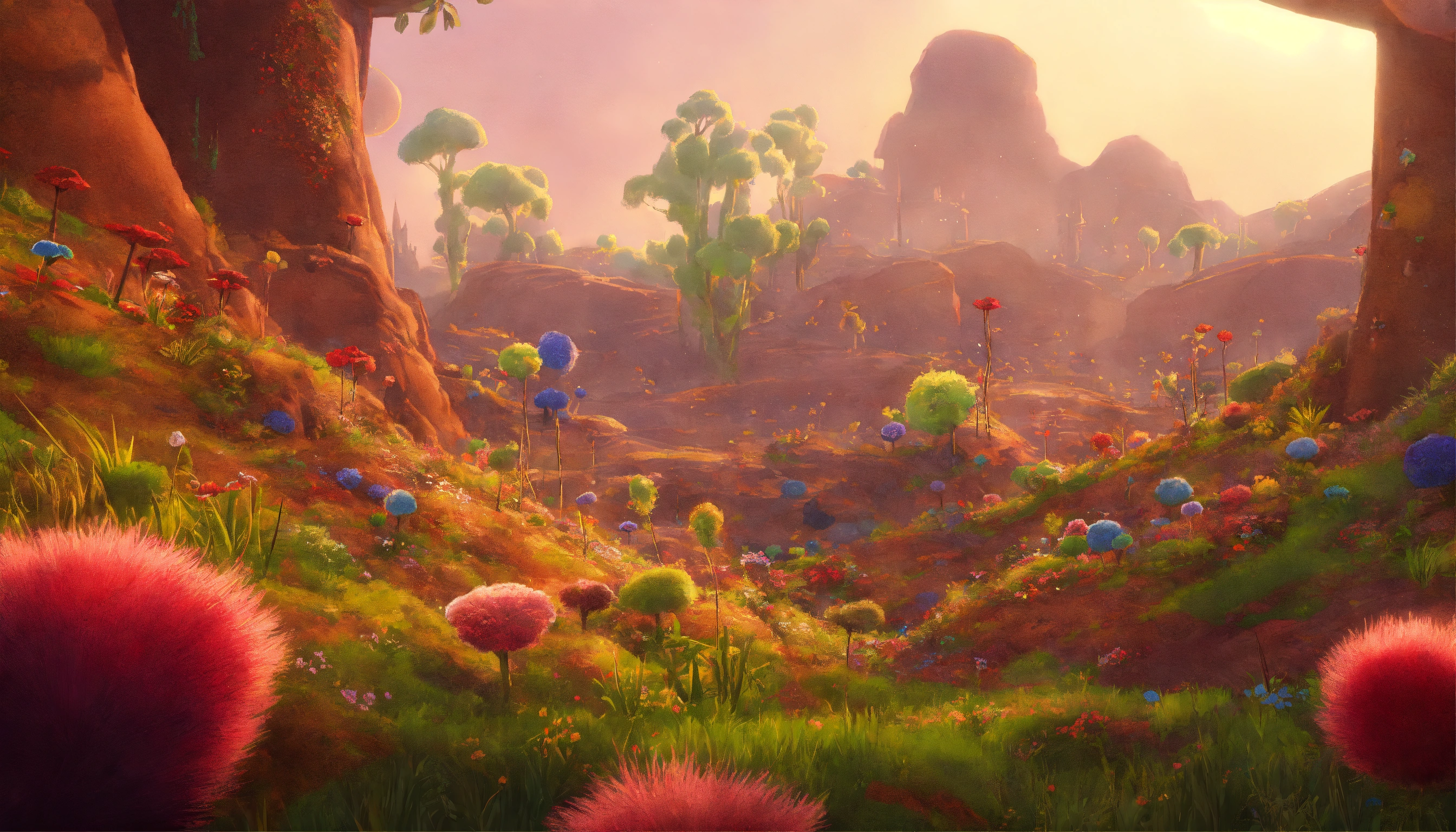 Lexica - A planet with furry plants, pixar art style