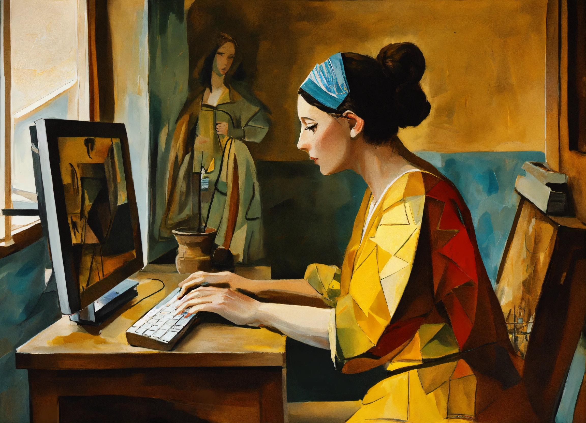 Lexica - A woman is using a computer, Picasso-style
