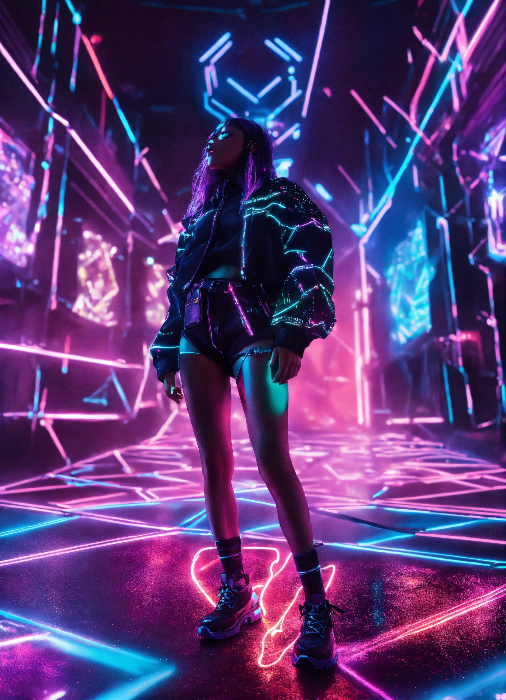 Lexica - Cyber Raver dancing in diamond and shimmer black neon light ...