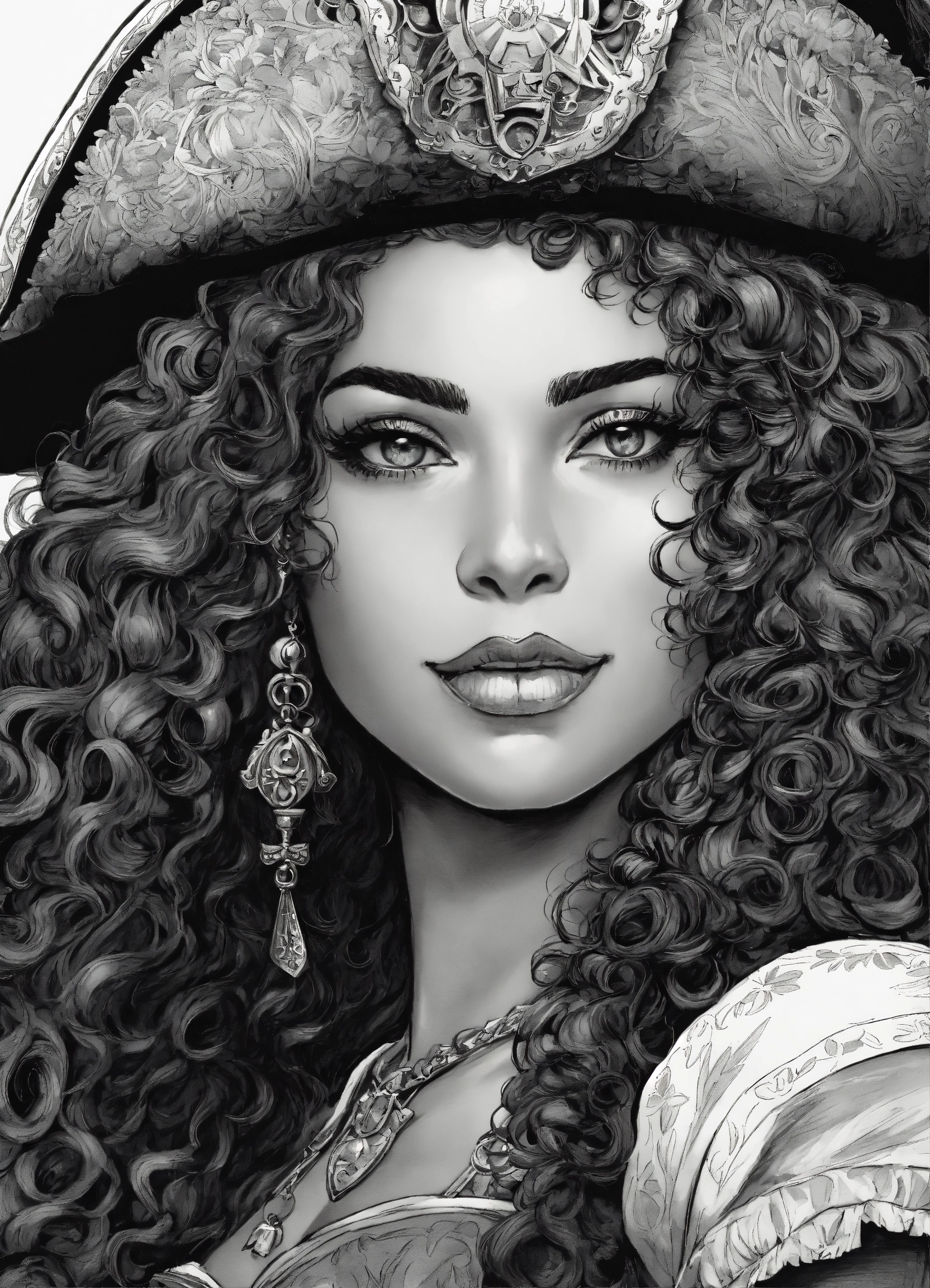 Lexica - "Esmeralda as pirate queen", huge curly hair, smirk, magical ...
