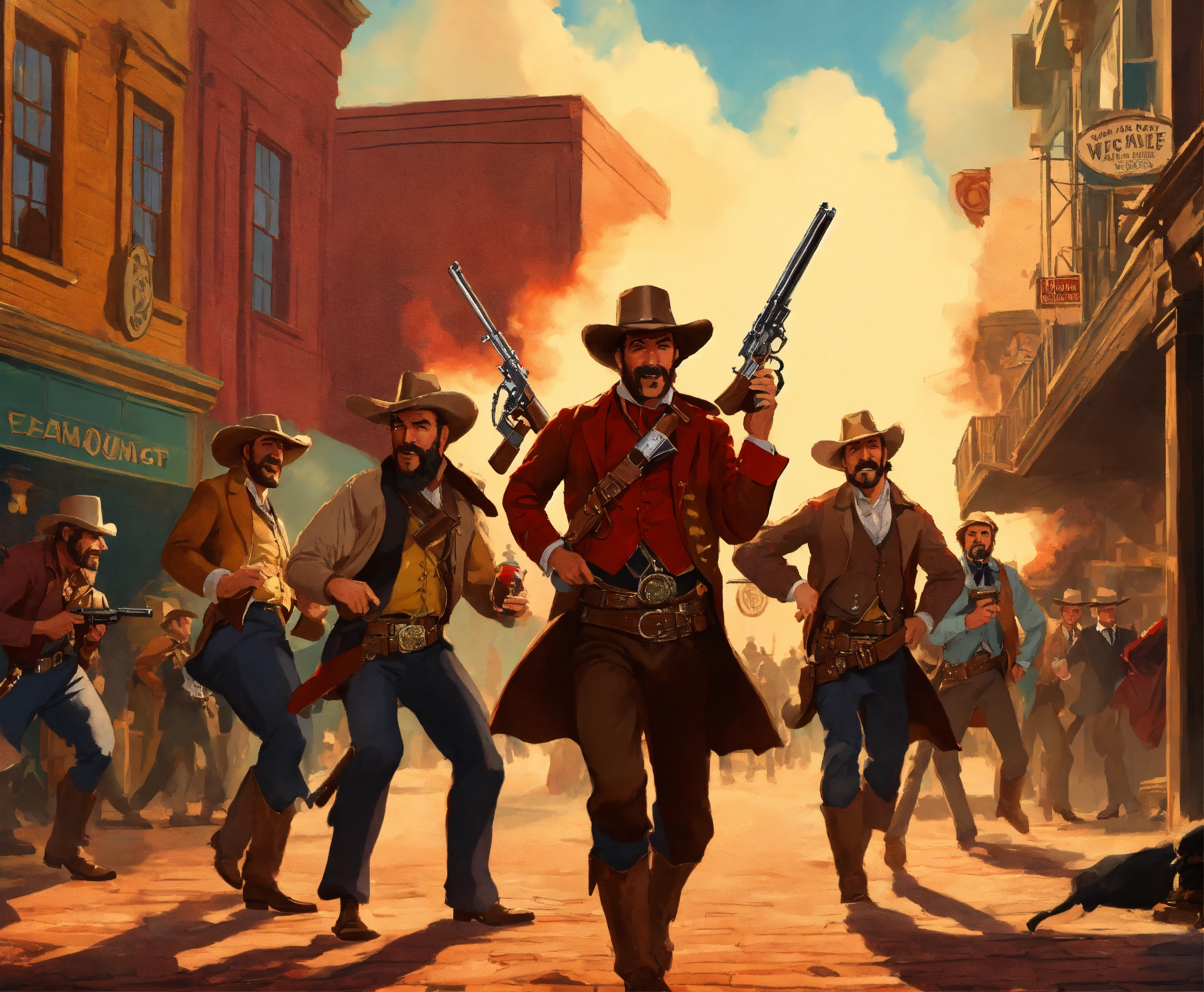 Lexica - A comical gang of goofy looking drunk cowboys happily fire ...