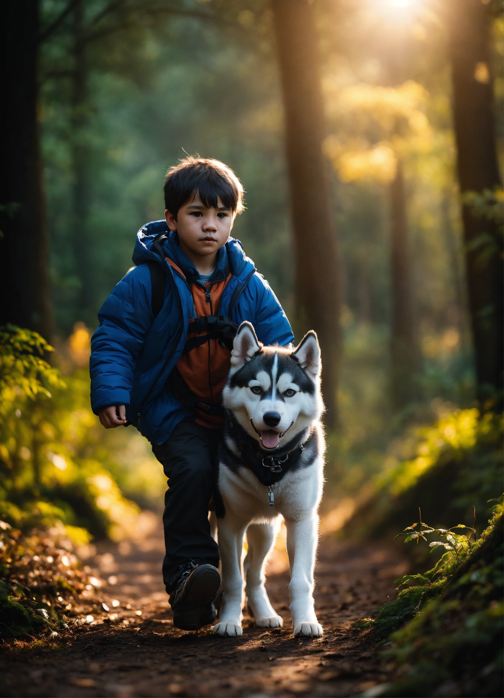 Lexica - A young boy carrying his husky dog, moody lighting, best ...