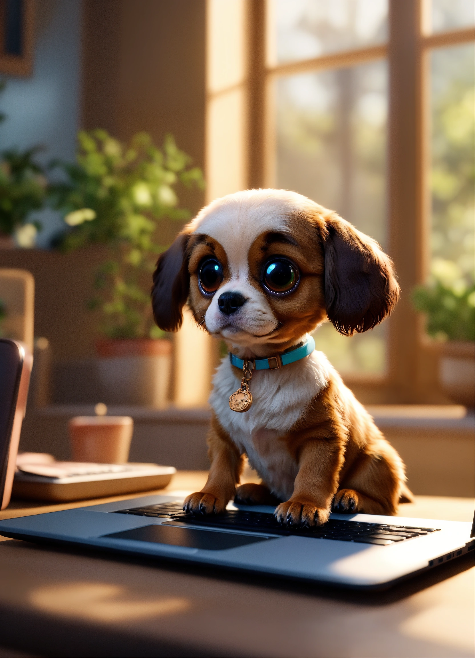 Lexica - Cute small humanoid dog sitting in front of laptop ,unreal ...