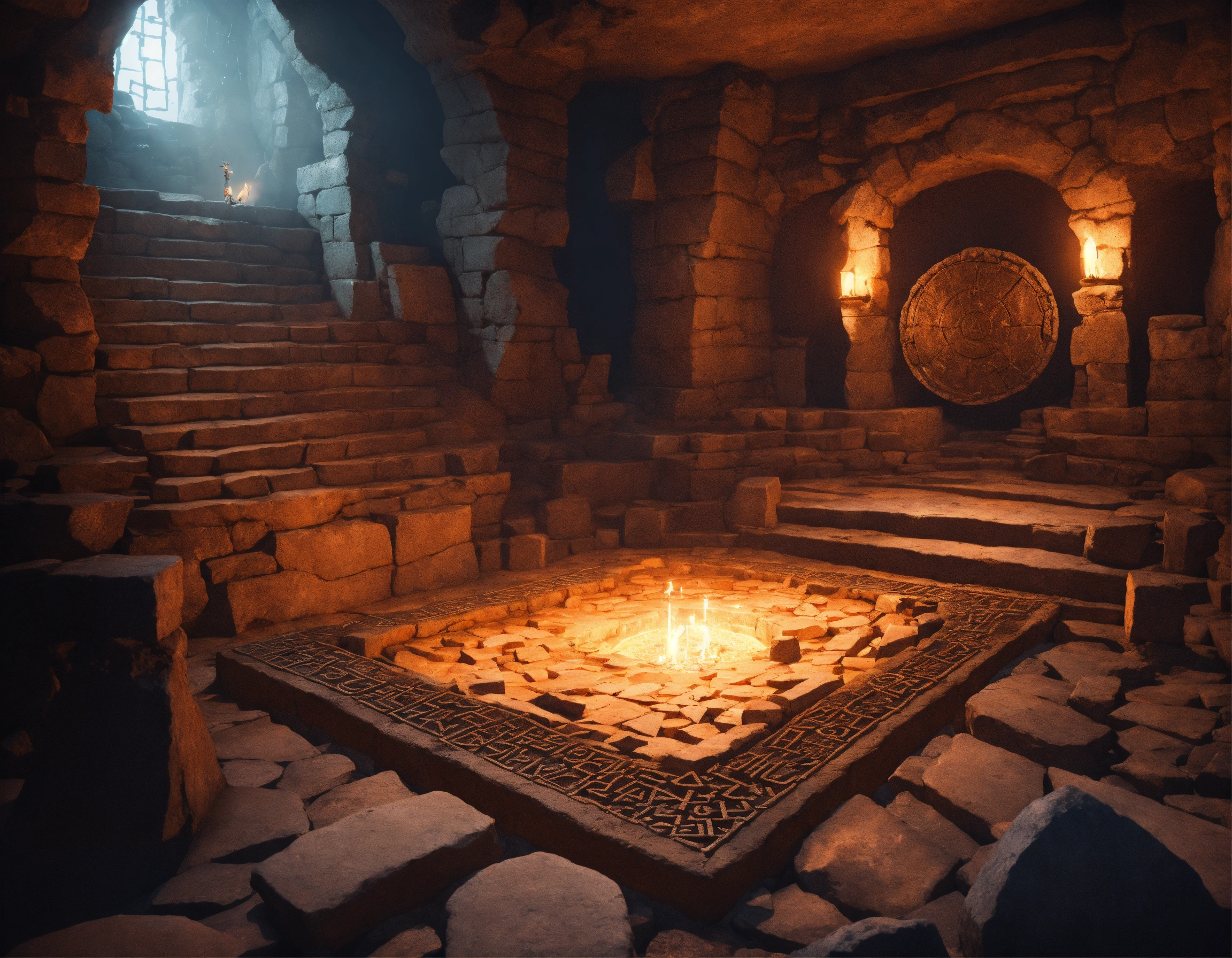 Lexica - Bottomless pit in dungeon with a lot of runes on stones