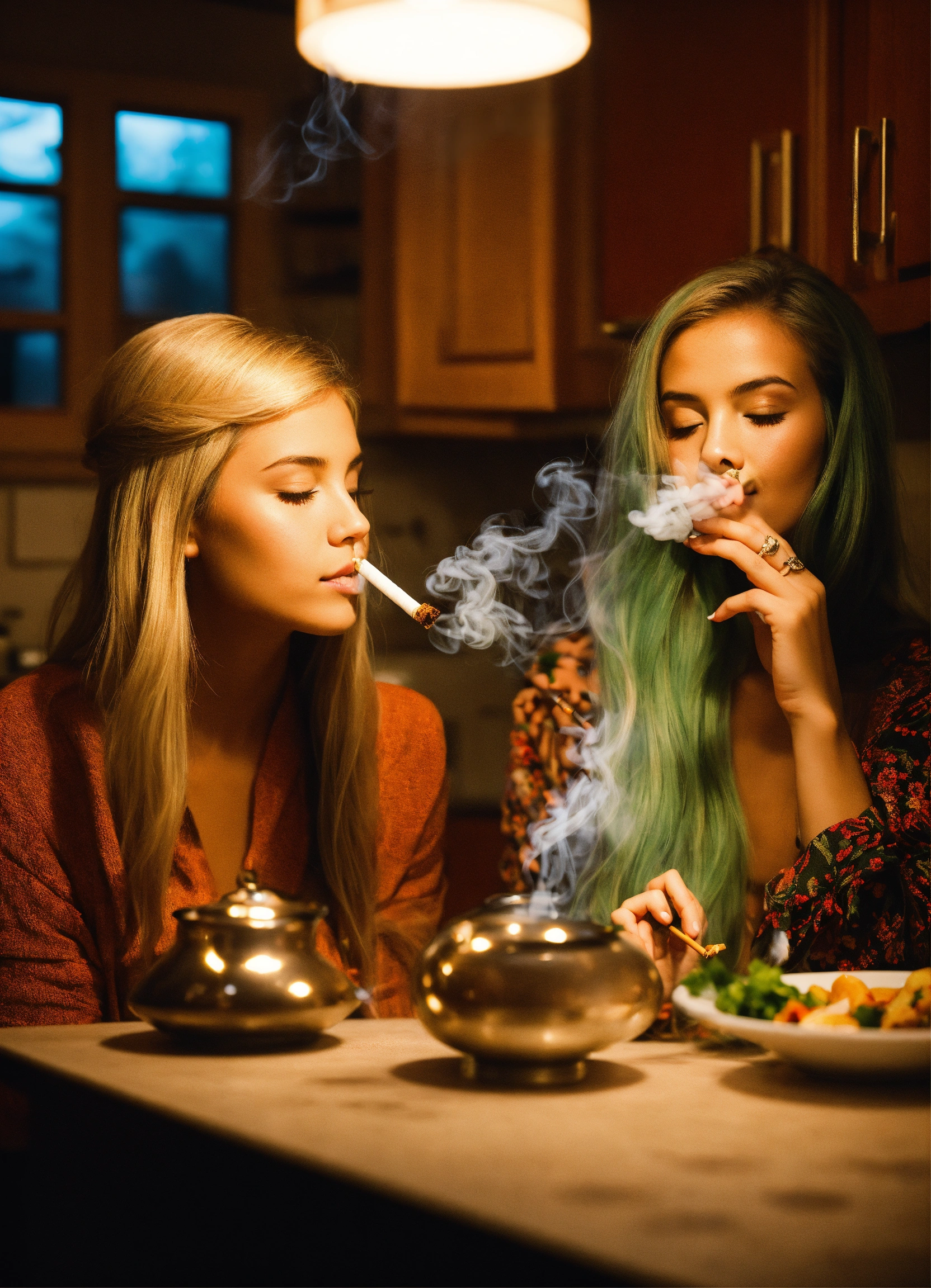 Lexica - Two beautiful girls secretly smoke in the kitchen