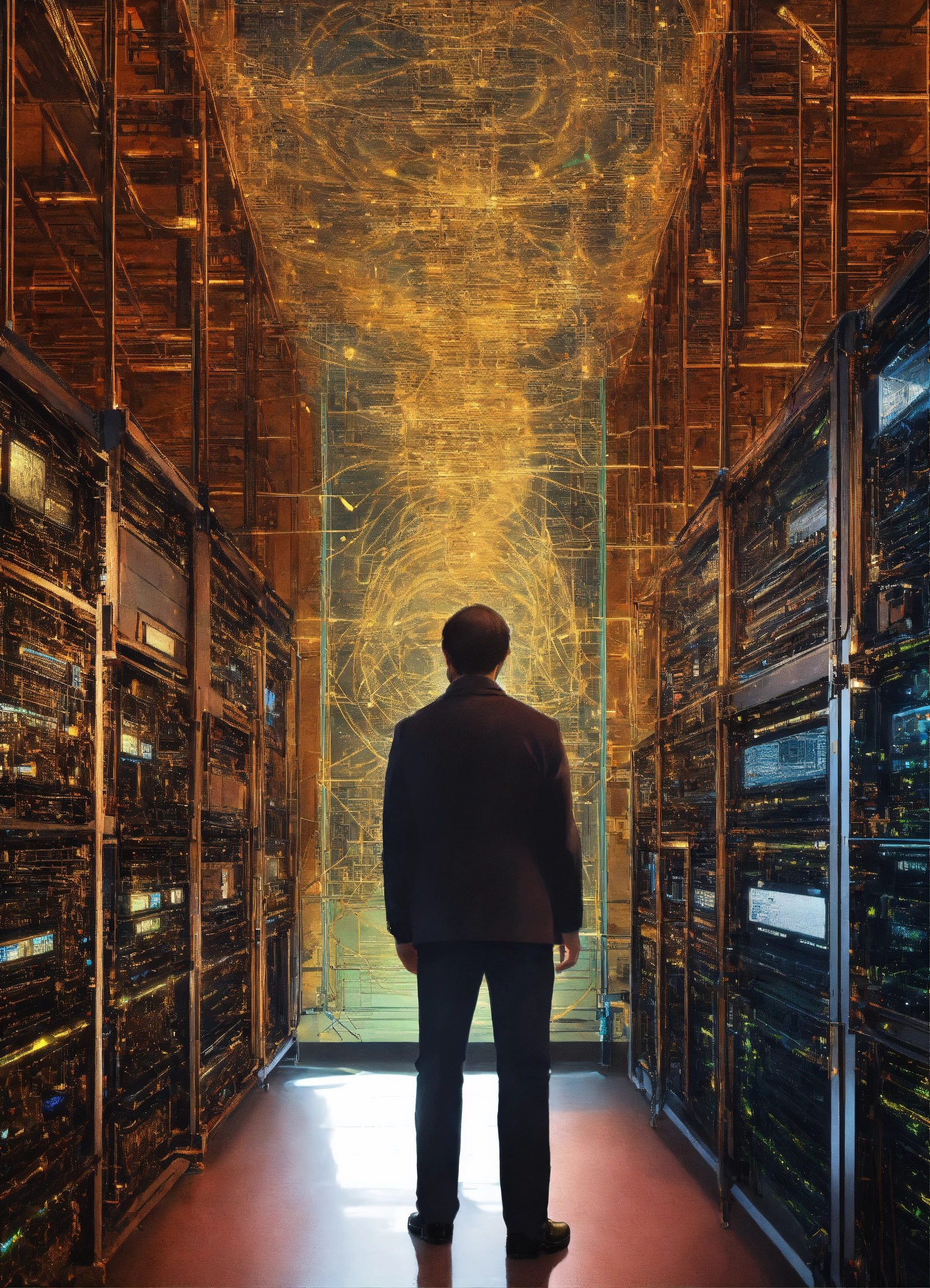 Lexica - A huge quantum computer, with a man near it (sorprised) all ...