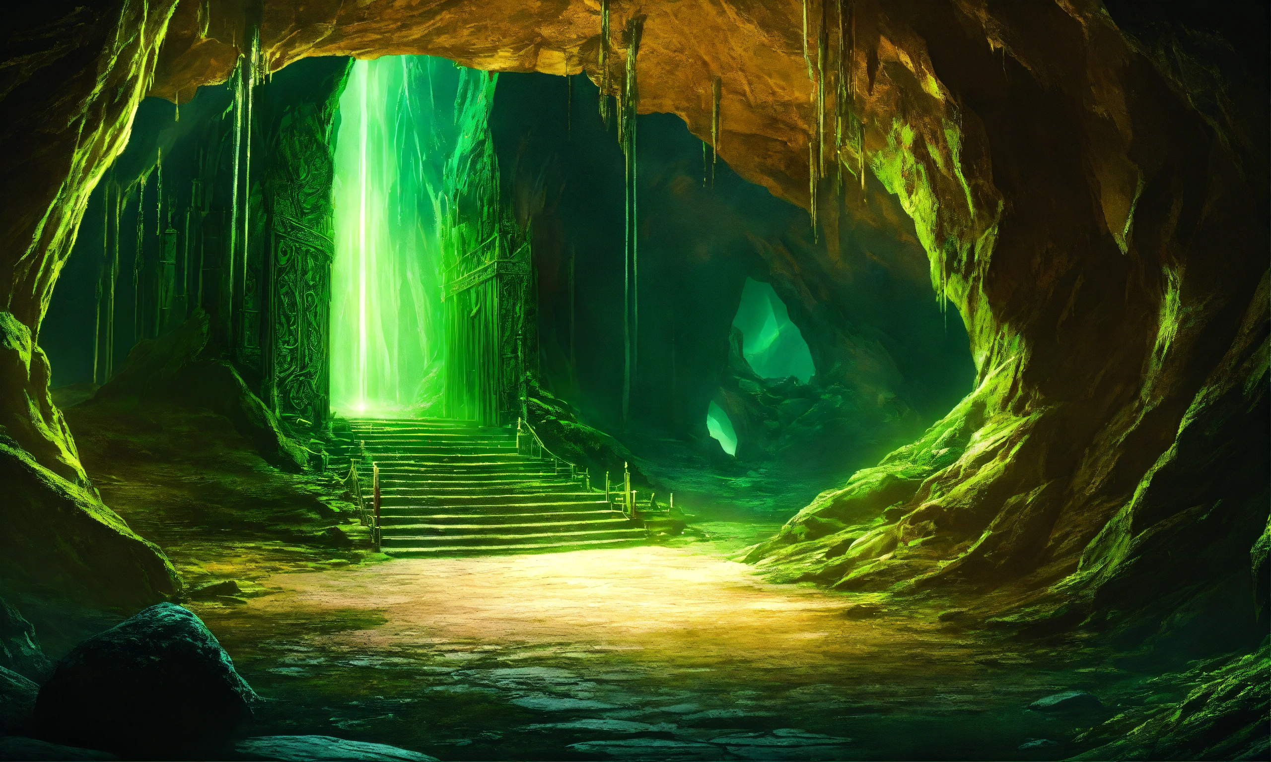 Lexica - The entrance to a cavern, dramatic green lighting, high definition, detailed, lord of ...