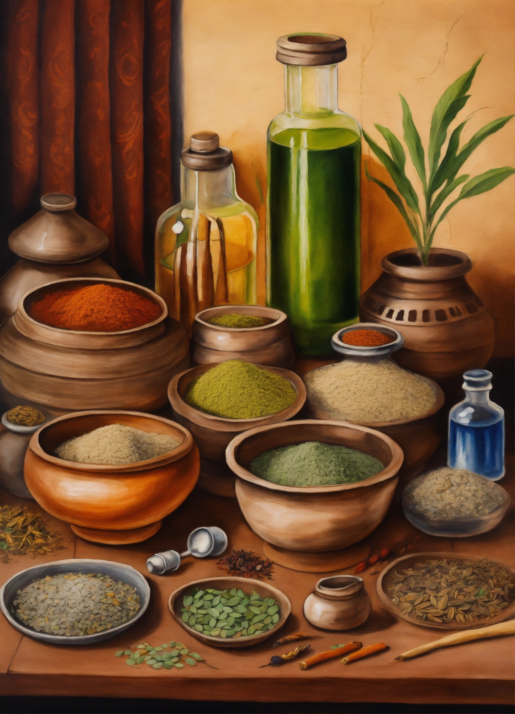 Lexica - A hand drawn painting of a few traditional Indian medicine ...