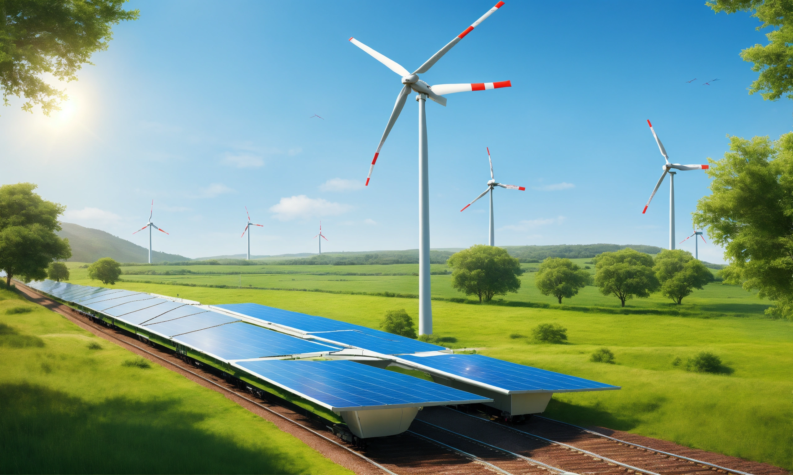 Lexica - Landscape with green landscape, blue sky, some wind turbine ...