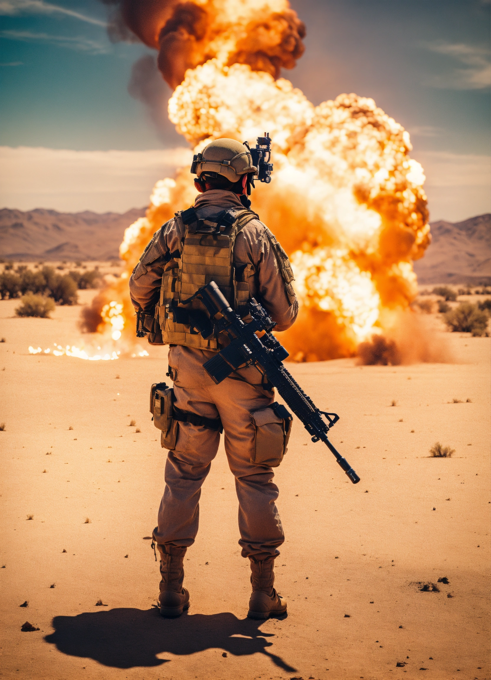 Lexica - A solder with an AR-15 in the desert, explosion behind him, 8k ...