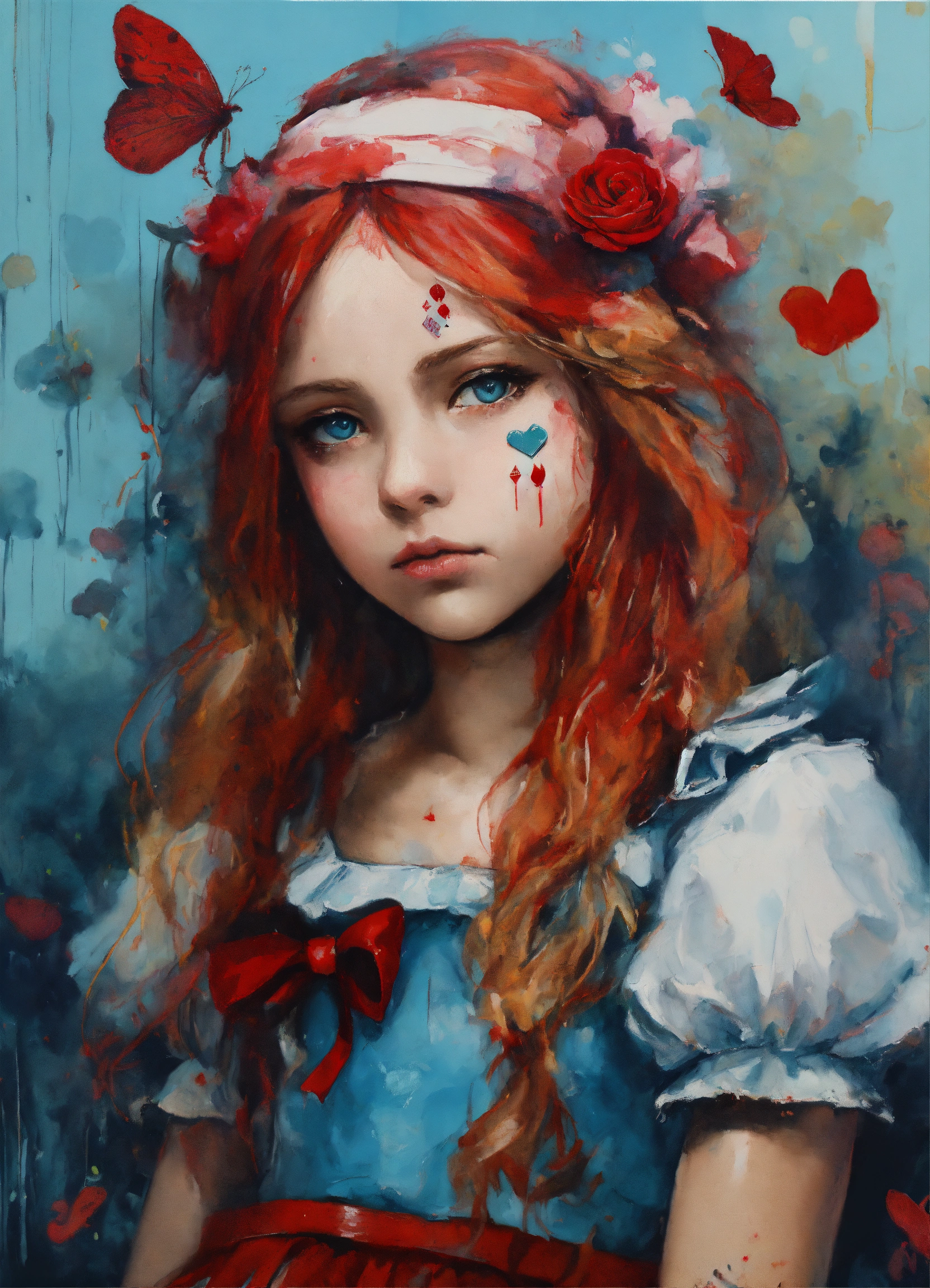 Lexica - Mixed media oil painting of a beautiful adorable sad Alice in ...
