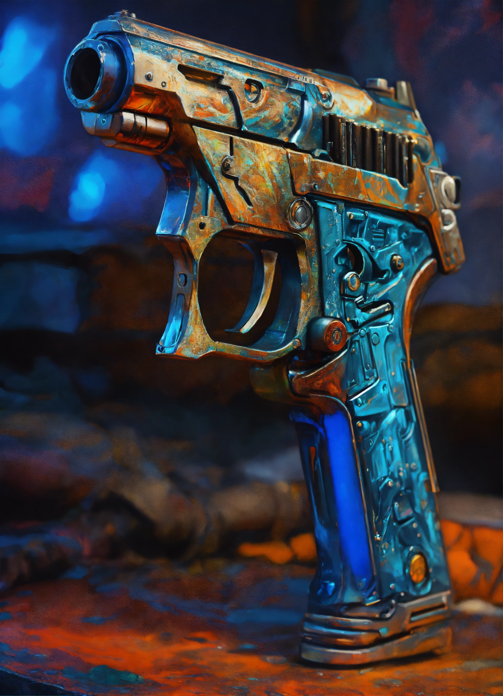 Lexica - Cyberpunk handgun Metalic gun blue gritty realistic oil ...