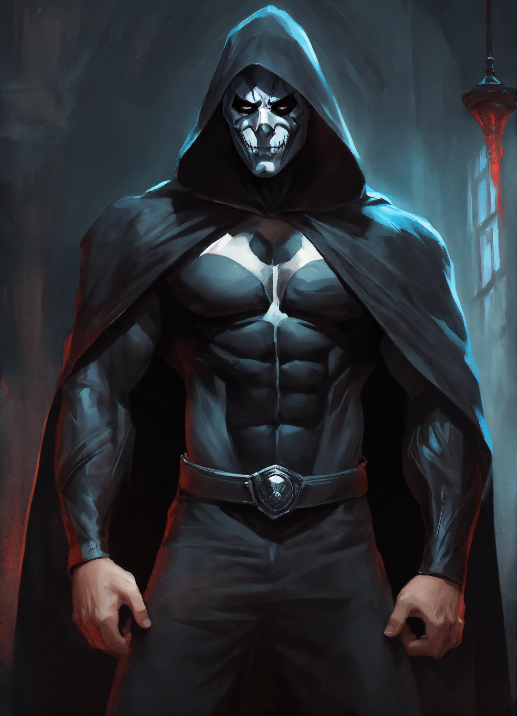 Lexica - Scary and muscular man wearing a black cloak, wearing a scary ...
