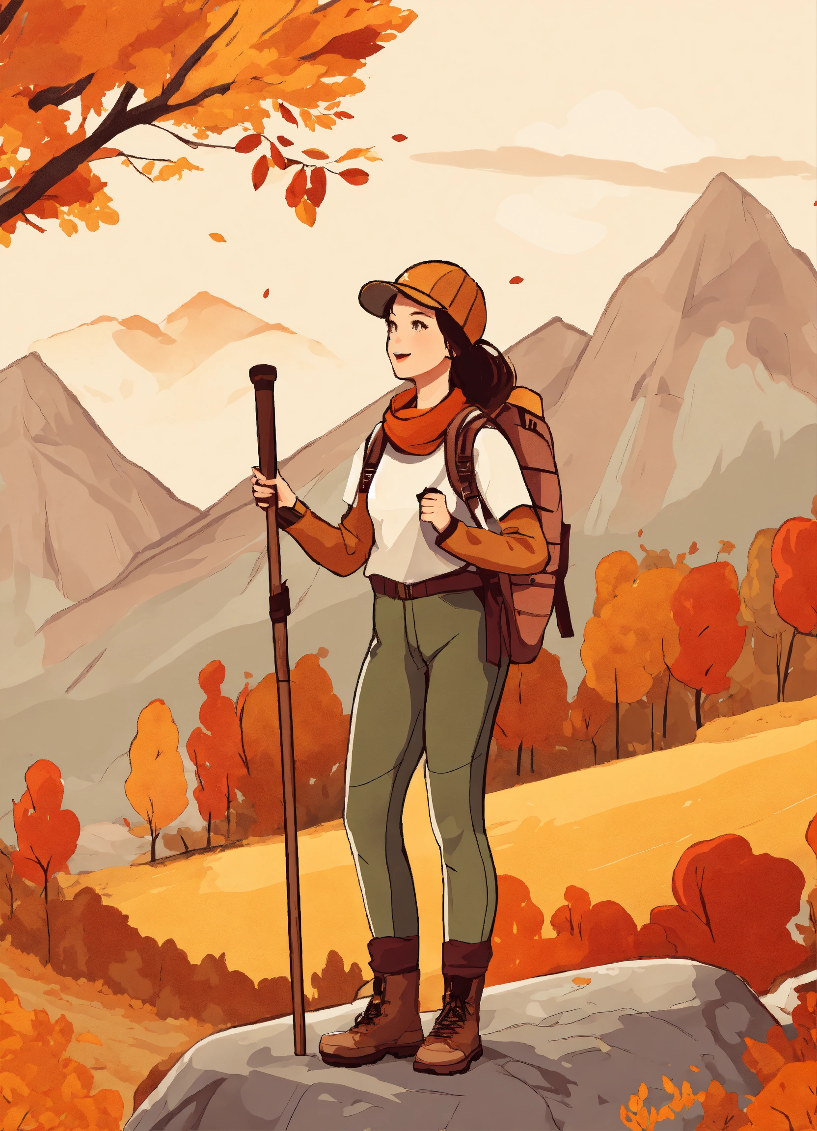 Lexica - Adorable female hiker, with wooden hiking stick, in autumn and ...