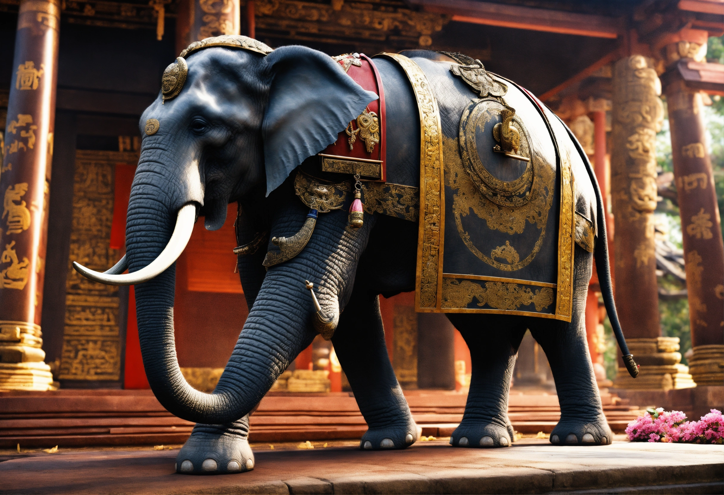 Lexica - Elephant samurai with arms. Ancient temple. Hyper realistic.