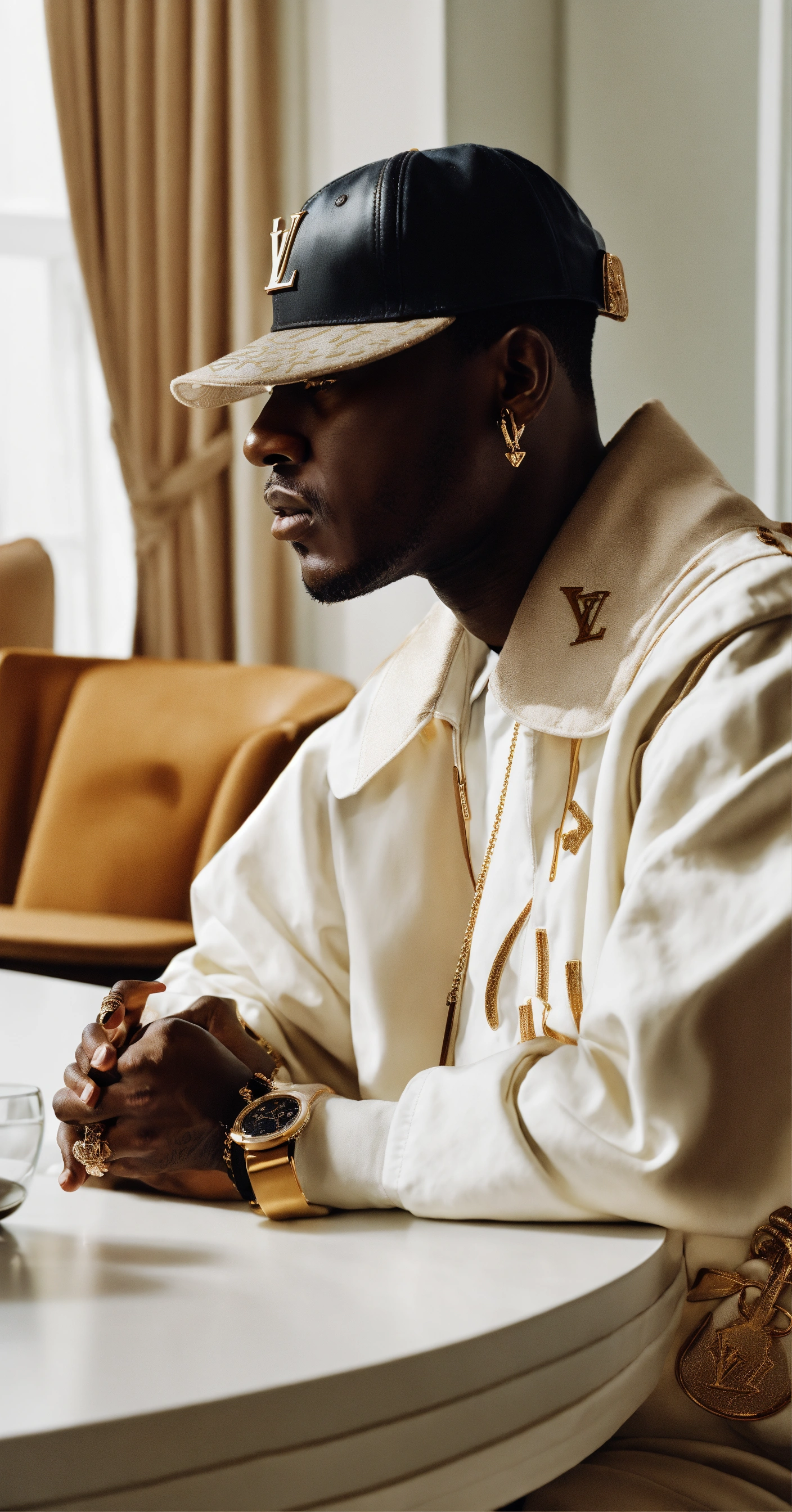 Lexica - Side profile photograph of skepta, sitting at white dinning ...