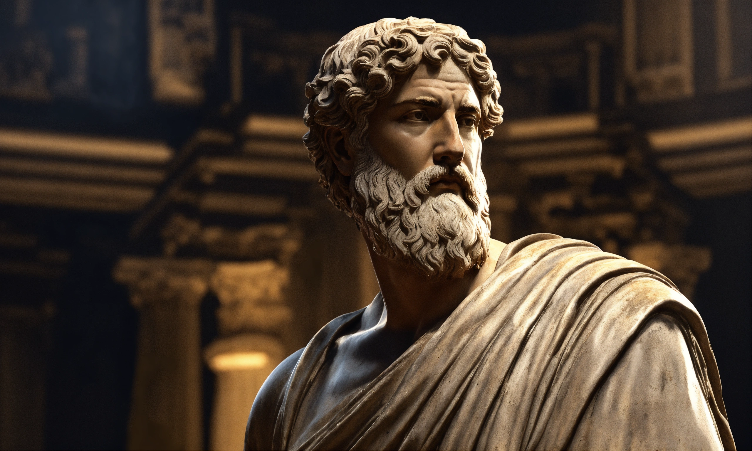 Lexica - Confused Athenian philosopher, facing front, dark background ...