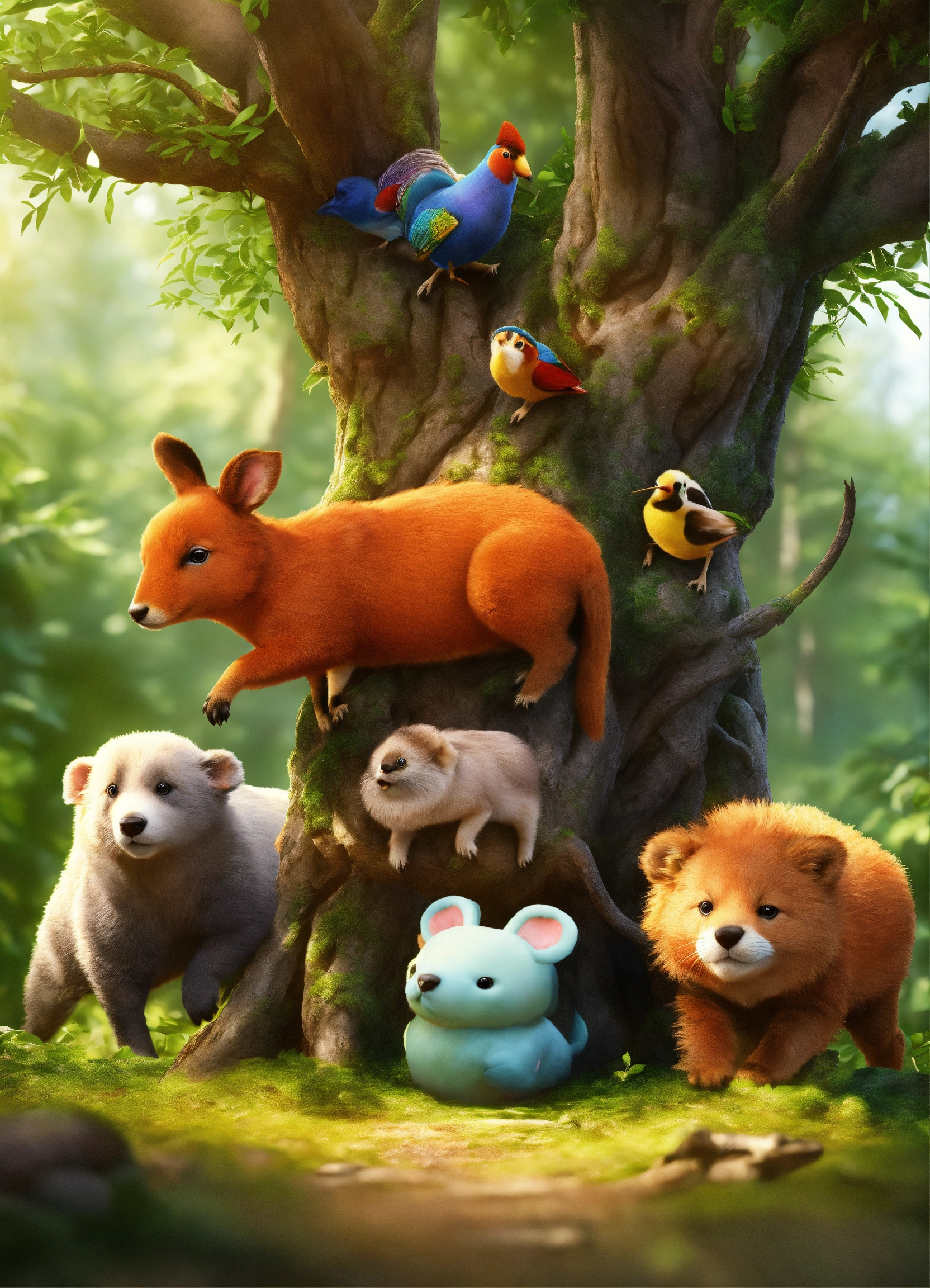 Lexica - 3D realistic children's image of 4 animals climbing trees in ...