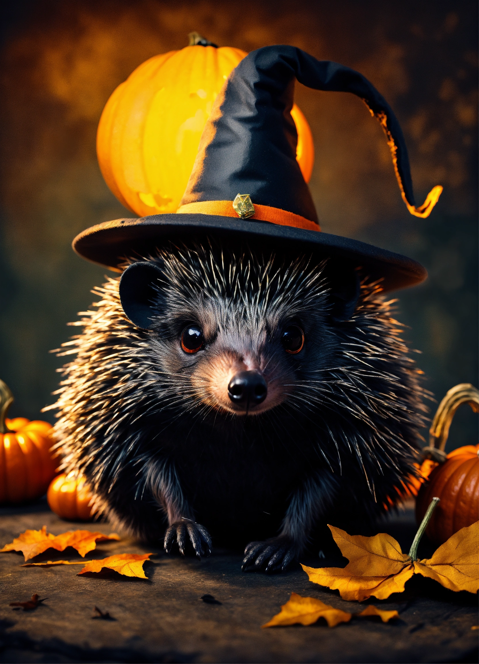 Lexica - Spooky black hedgehog with orange eyes wearing a witches hat ...