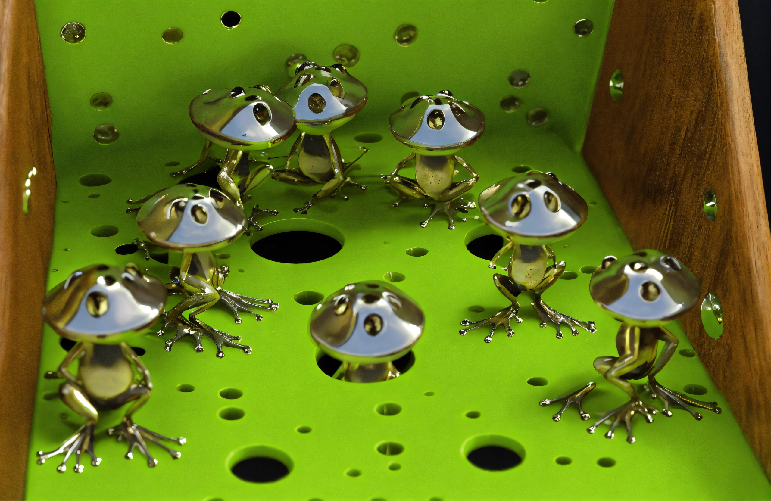 Lexica - Board with holes, in the center 2 metal frogs., 8k, ultradetailed