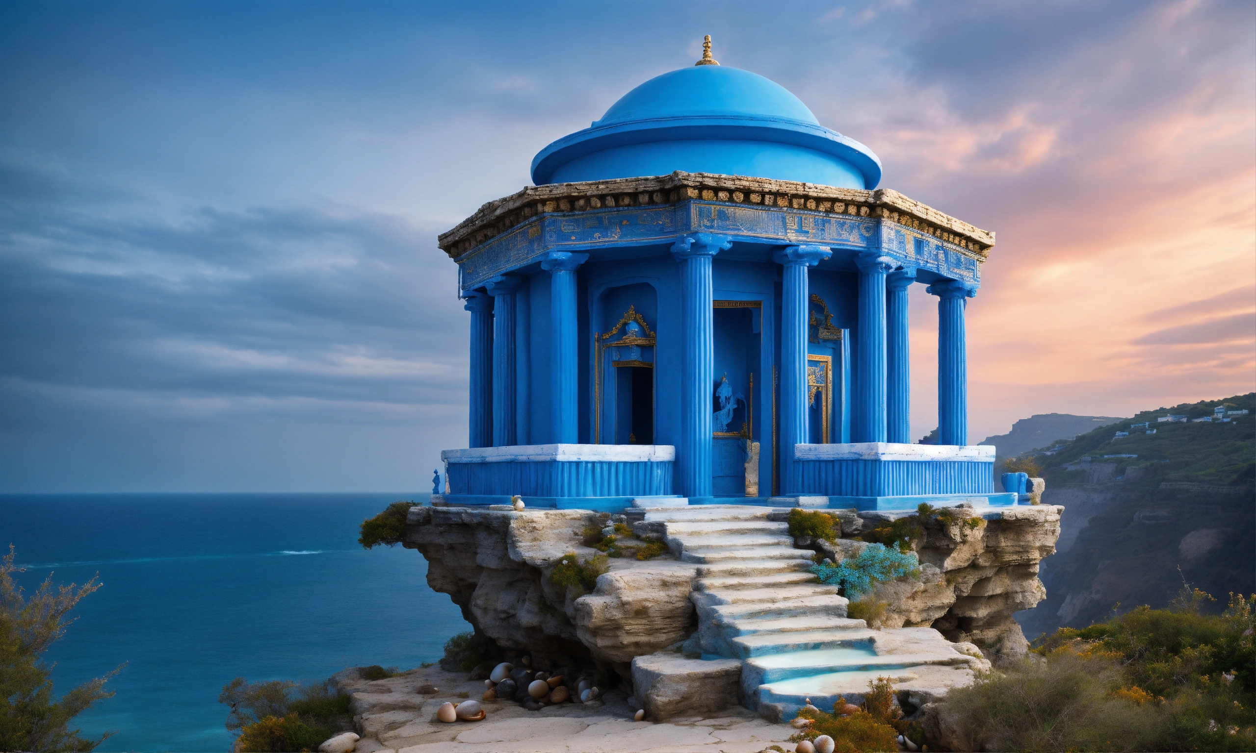 Lexica - A blue temple on a seaside cliff, dedicated to a sea goddess ...