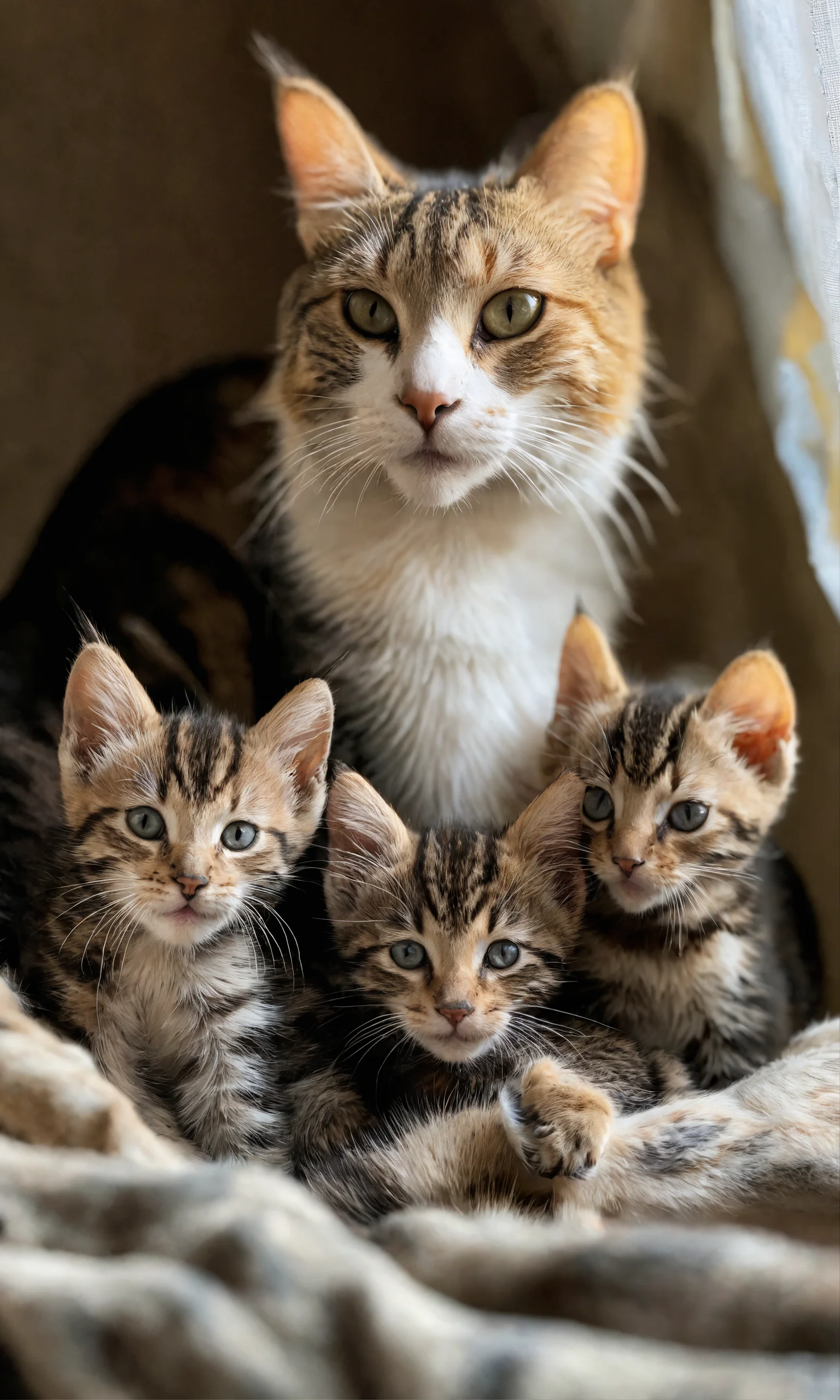 Lexica - A mother cat hugging her kittens and looking at the camera.