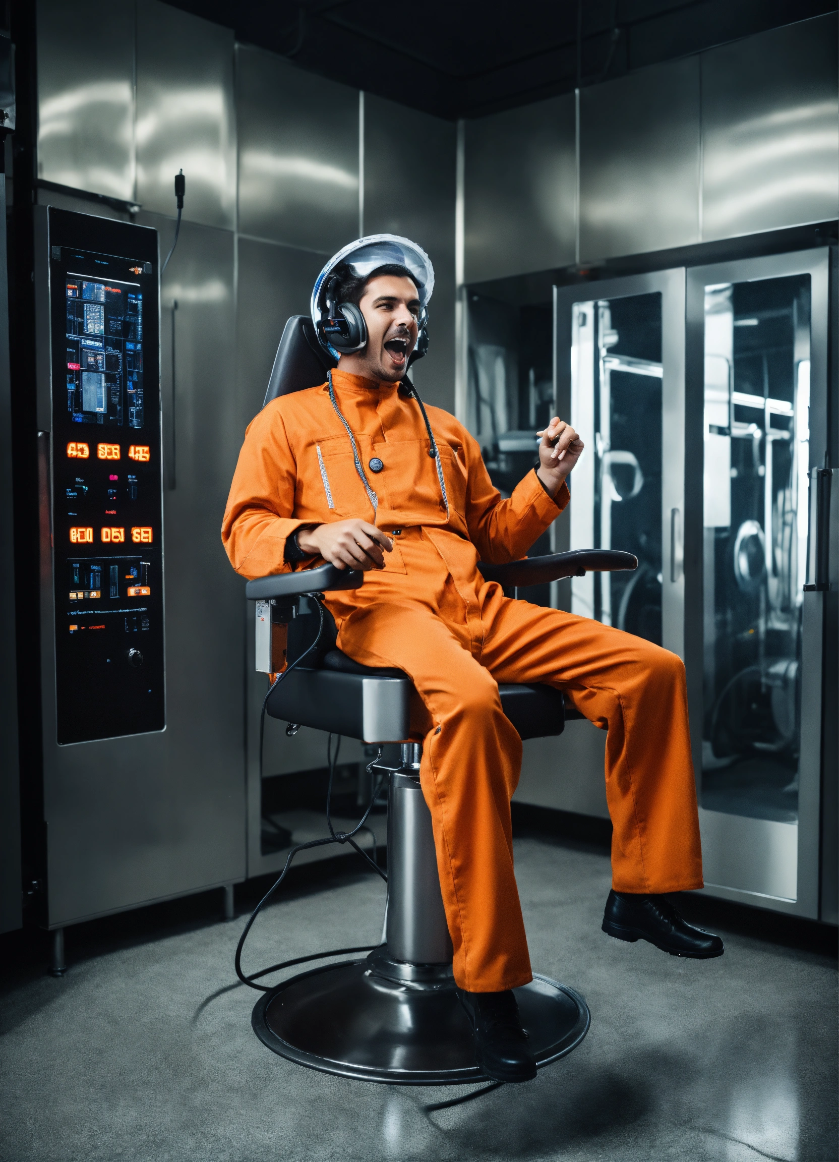 Lexica - Dark hair guy in orange jumpsuit screaming strapped in sitting ...