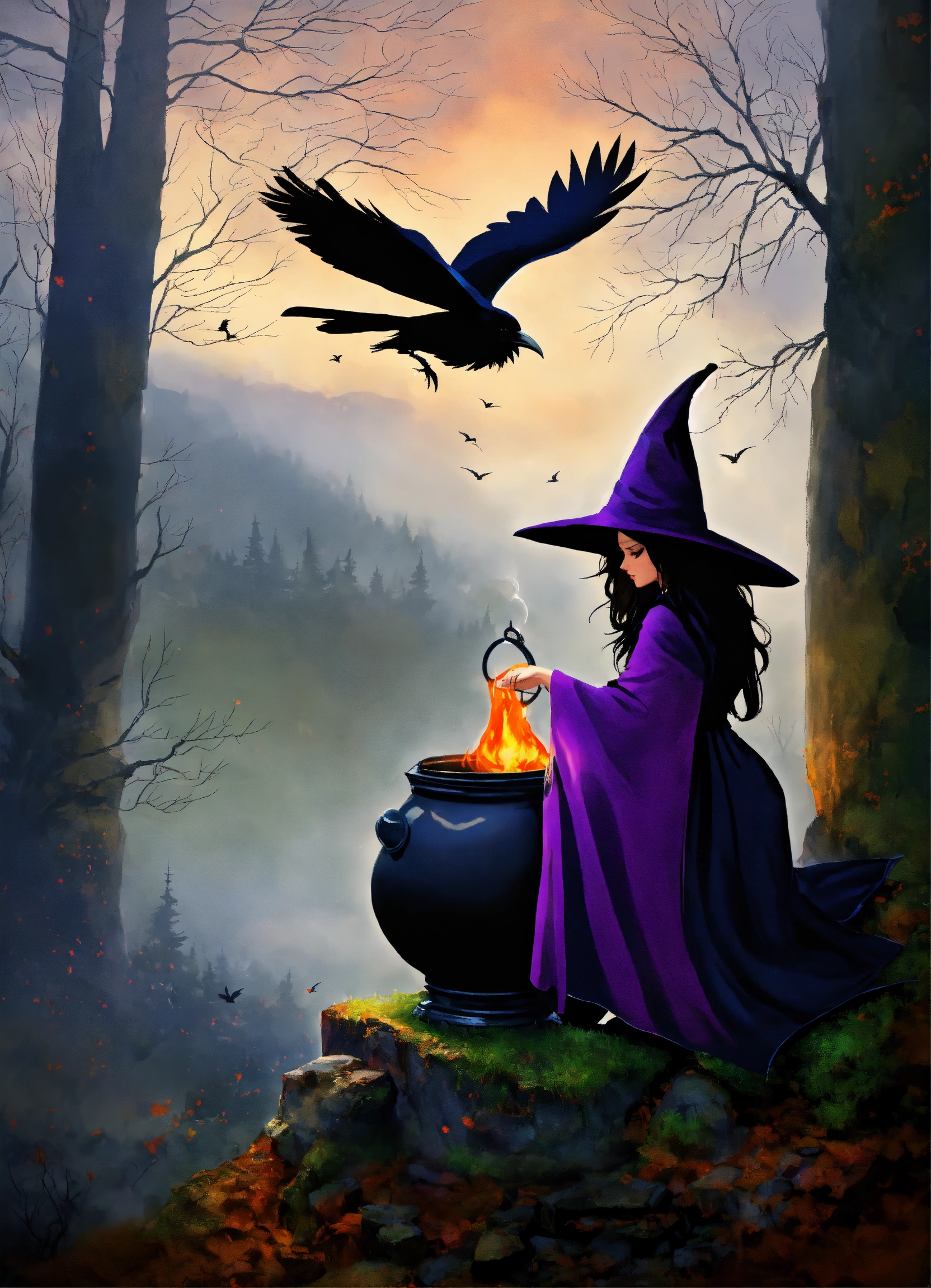Lexica - Witch, raven, cauldron, mysterious and misty setting, tome of ...