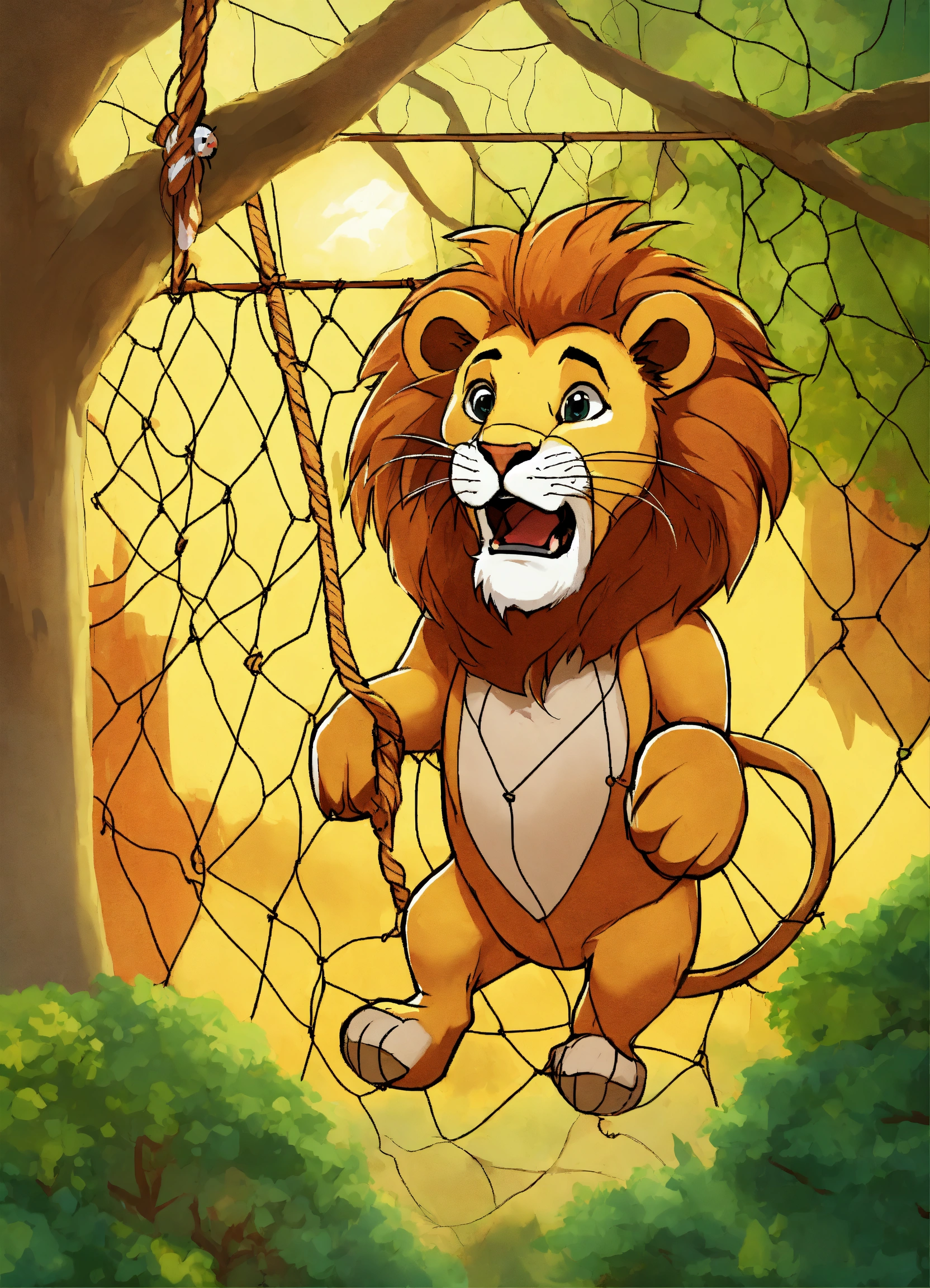 Lexica - Let cartoon lion trapped in net and hung to tree