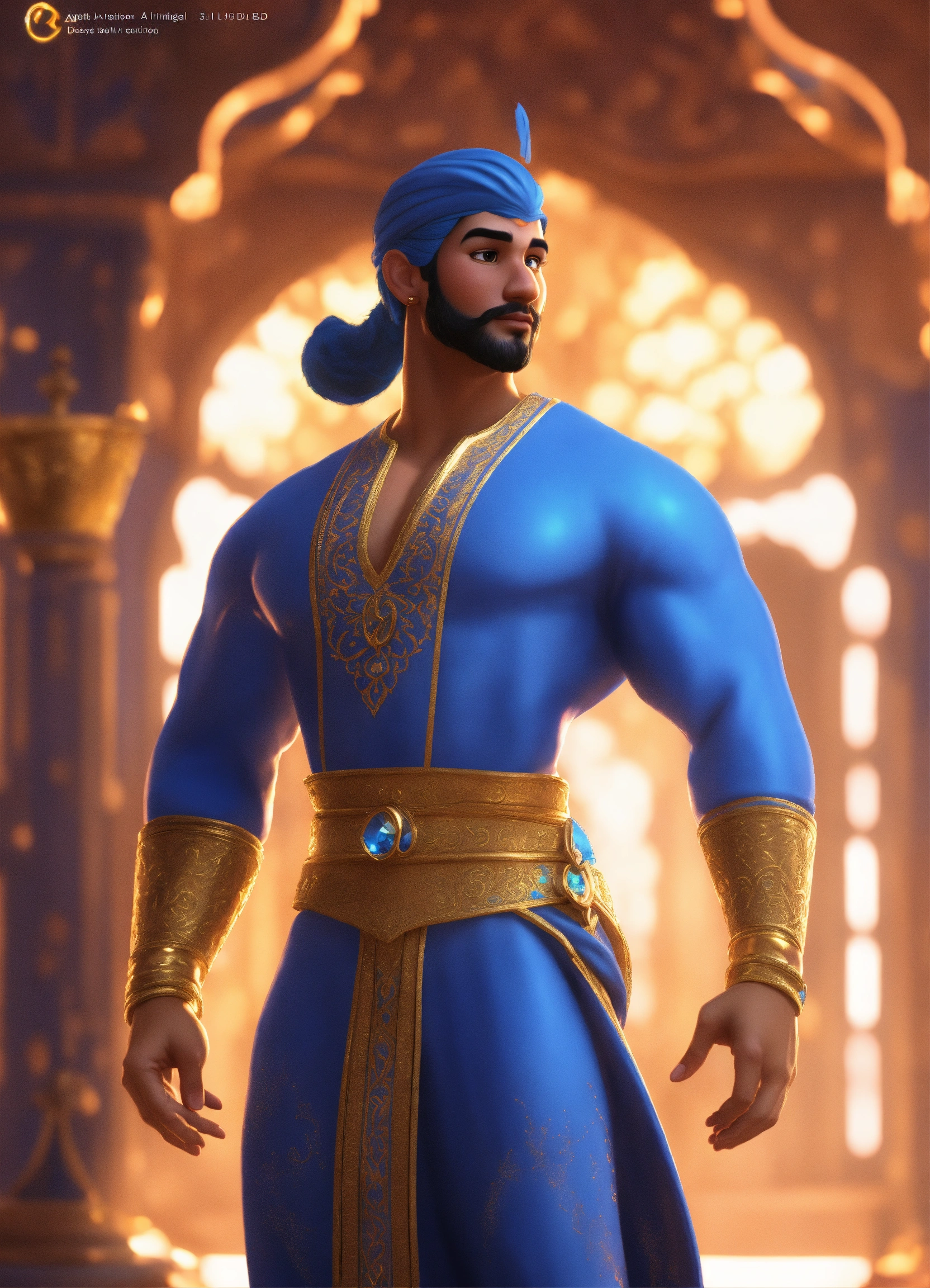 Lexica - Create a 3D rendering of a magical blue Arabian male genie ...