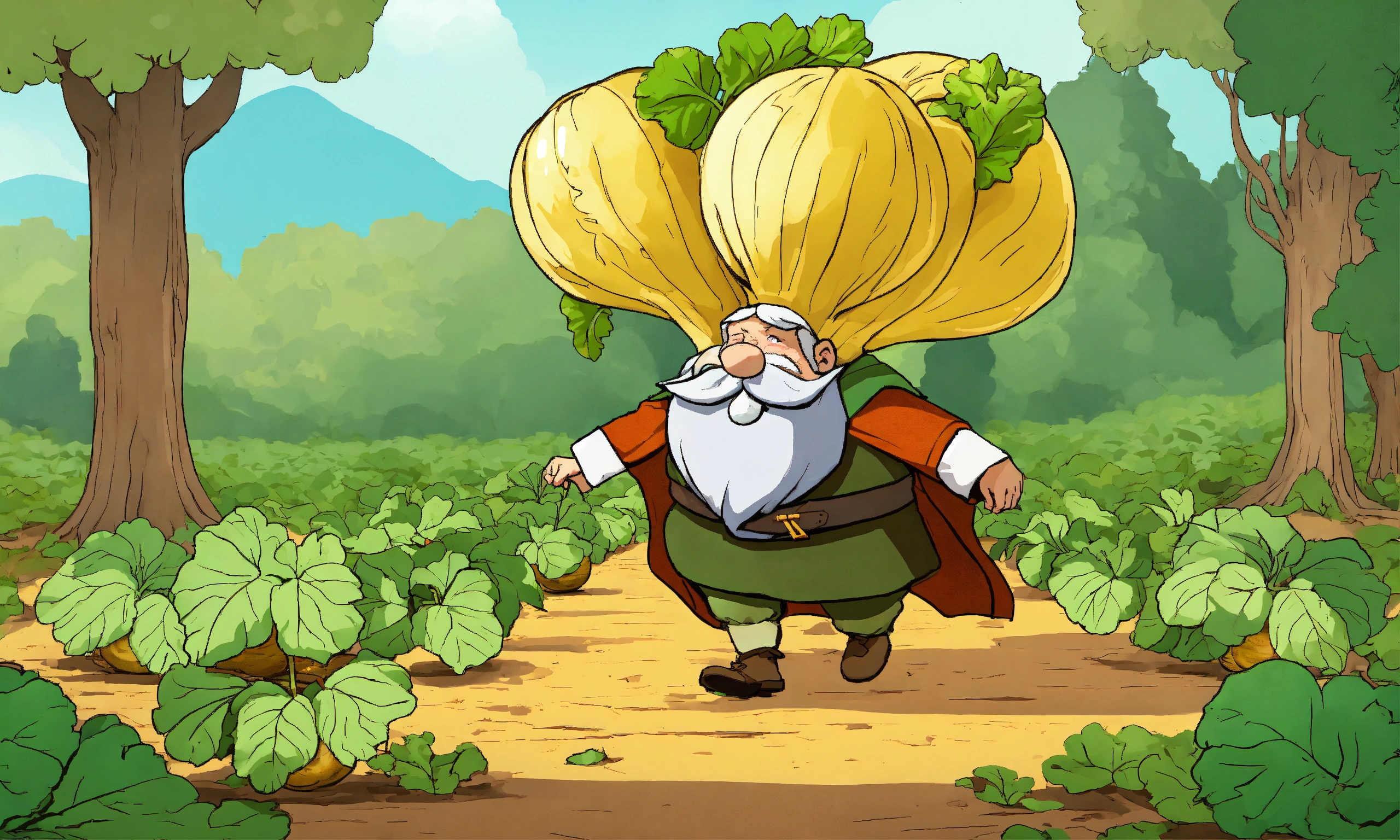 Lexica - Cartoon style giant yellow turnip with huge green leaves is in ...
