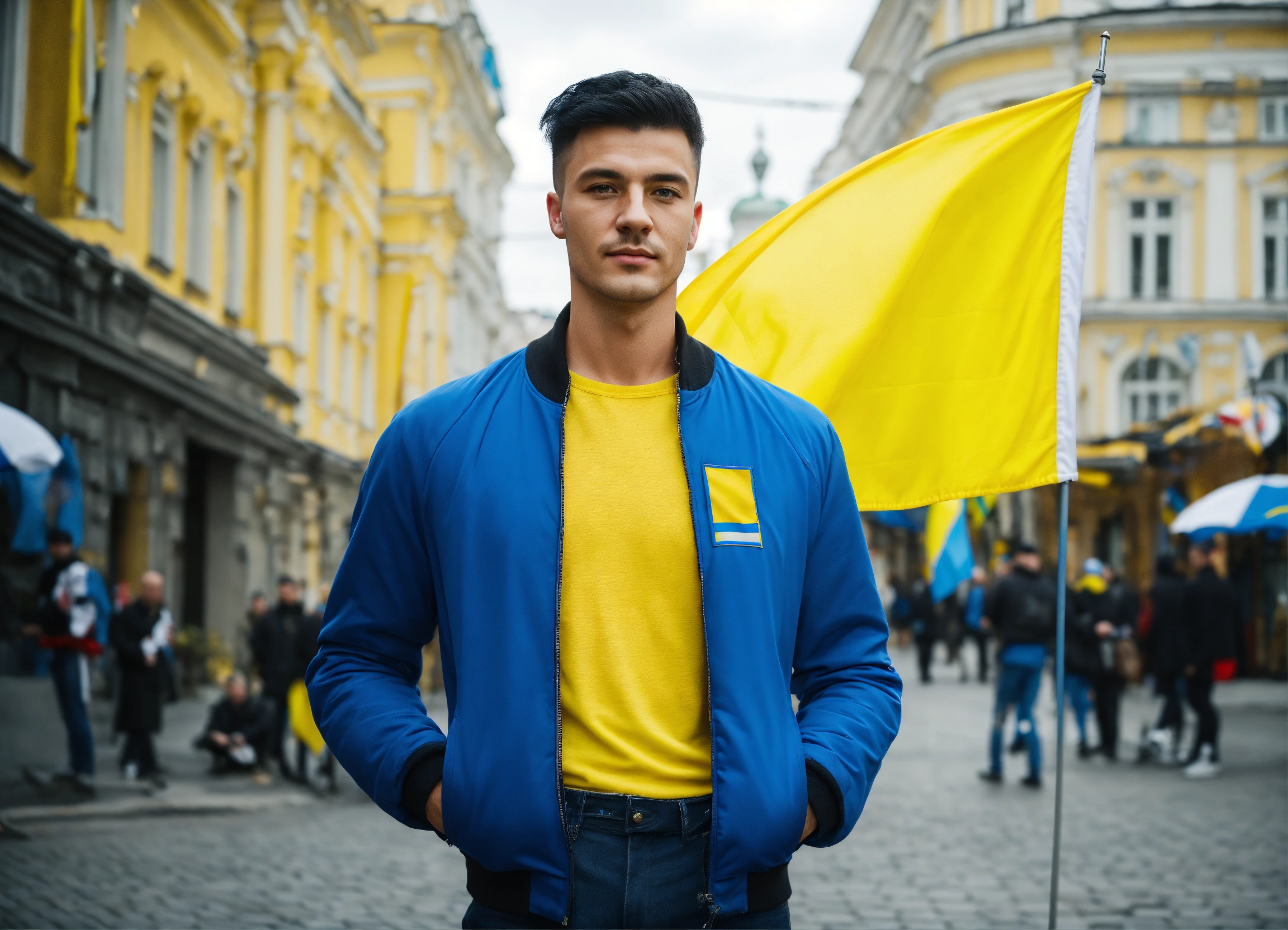 Lexica - High-tech noir beautiful man with Ukraine, on street Kiev ...