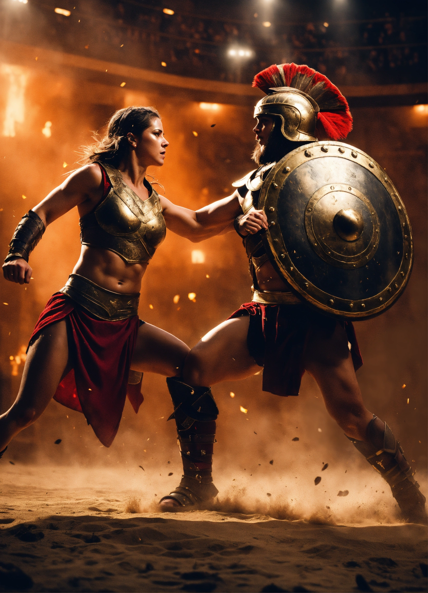 Lexica - Athletic female gladiator defeating male gladiator by smashing ...
