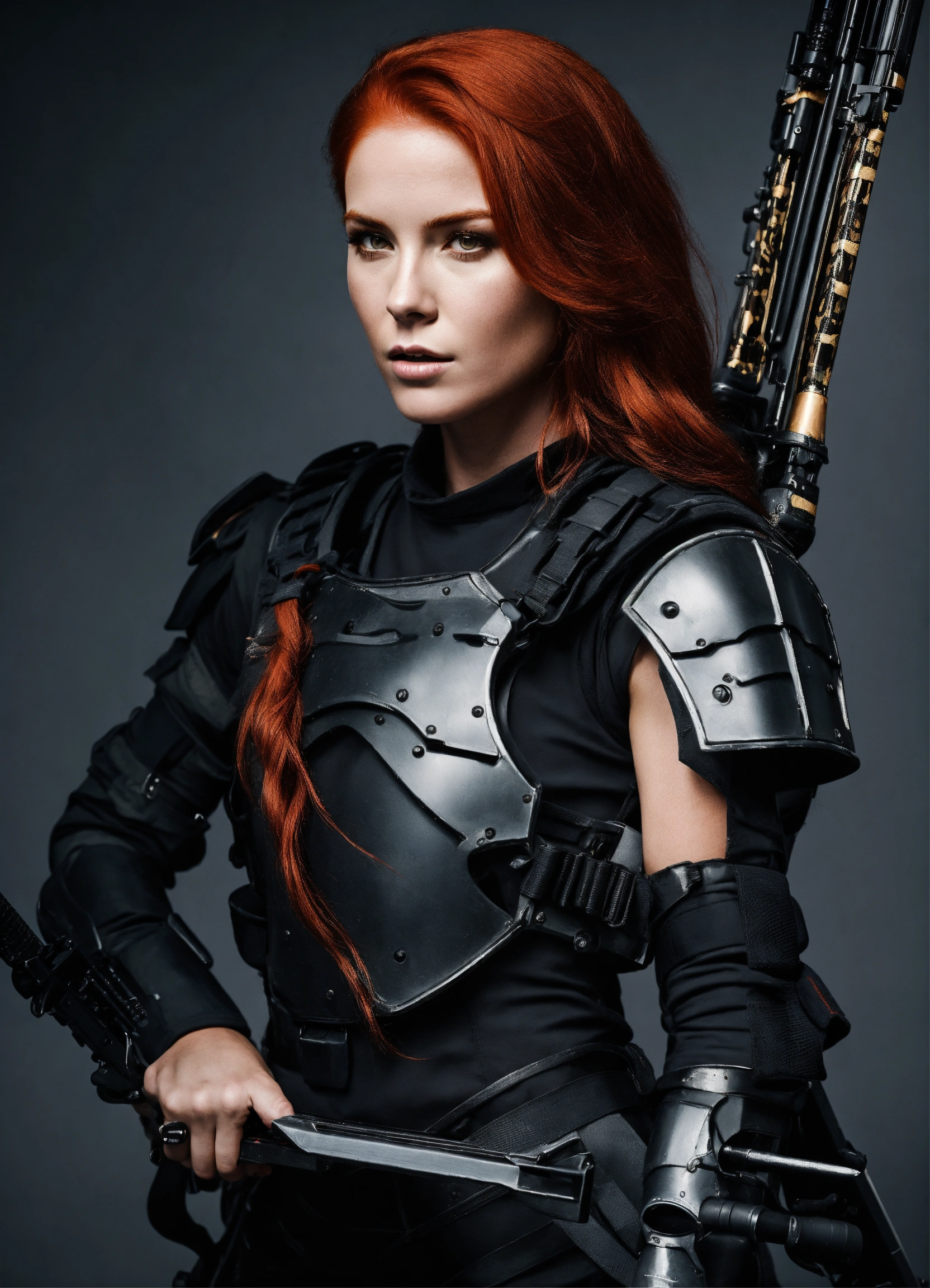 Lexica - Female athletic red hair model wearing black metal military ...