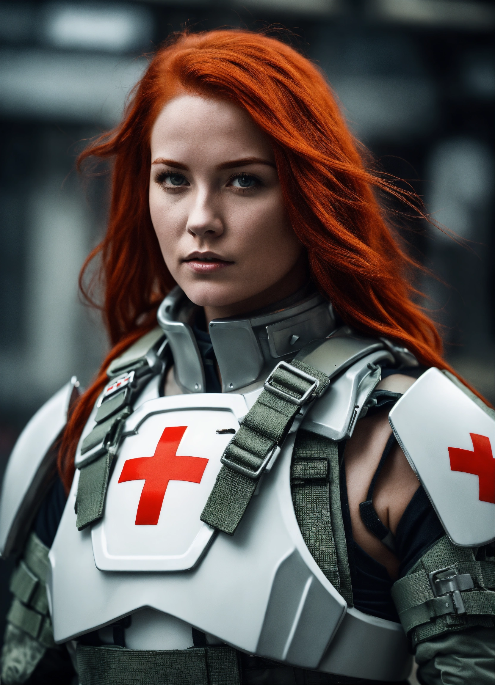 Lexica - Female red hair athletic combat medic wearing white metal ...