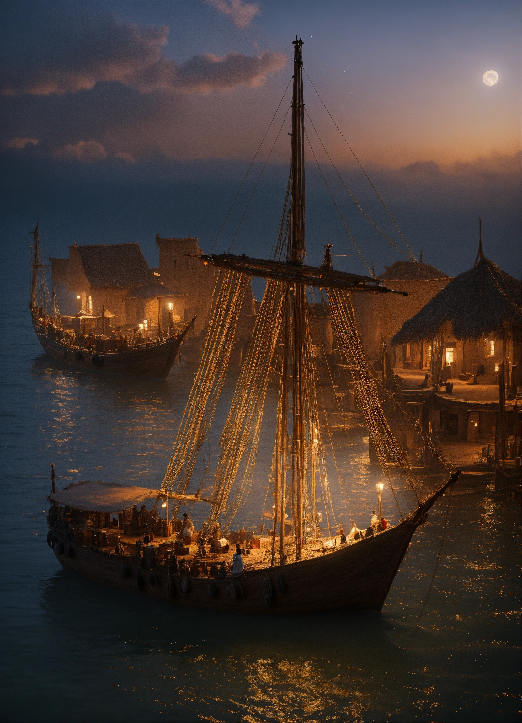 Lexica - Dhow ship sailing on the sea, with medieval African town based ...